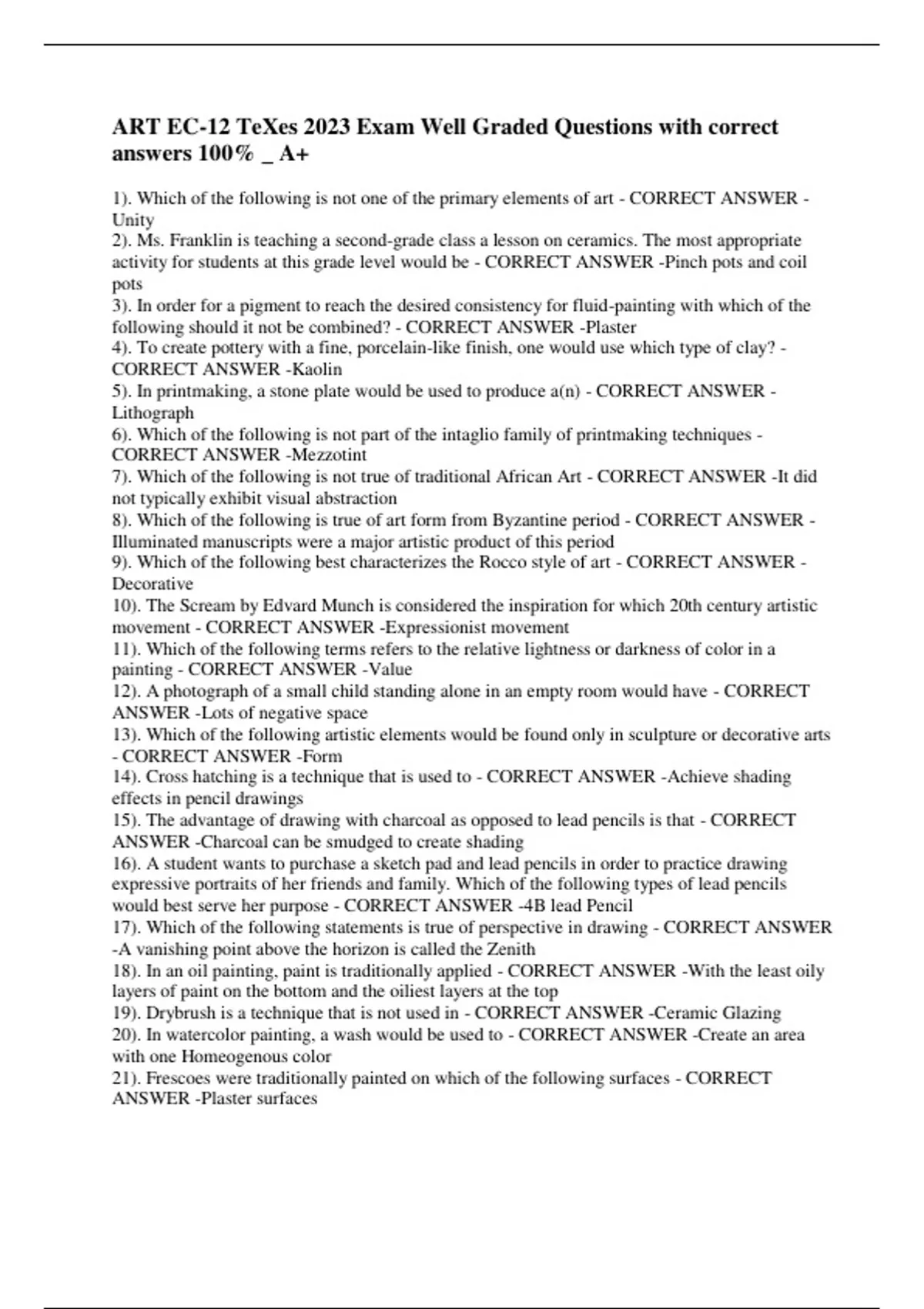 ART EC-12 TeXes 2023 Exam Well Graded Questions with correct answers 100% _ A+ - ART EC - Stuvia US