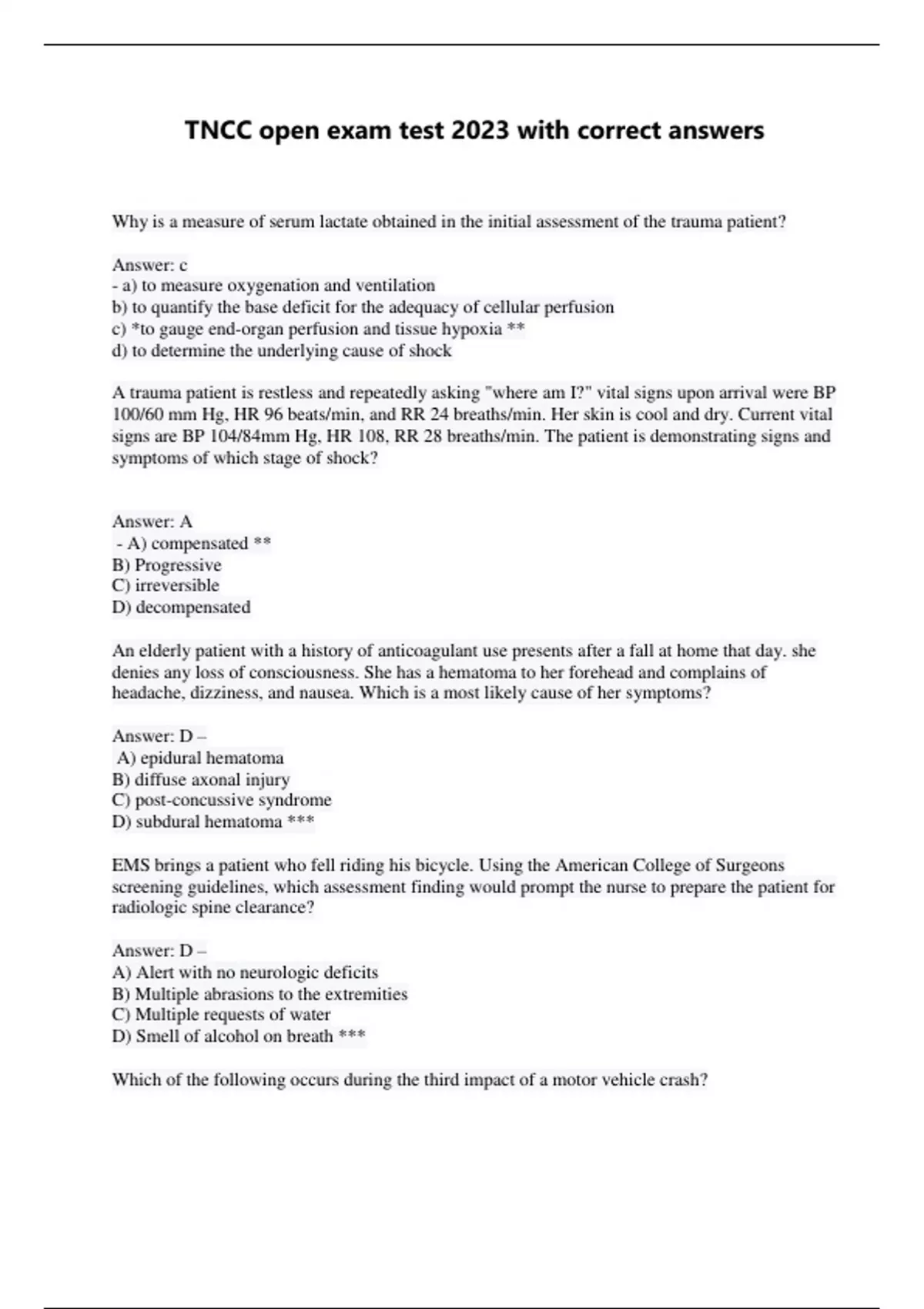 TNCC open exam test 2023 with correct answers - TNCC open - Stuvia US