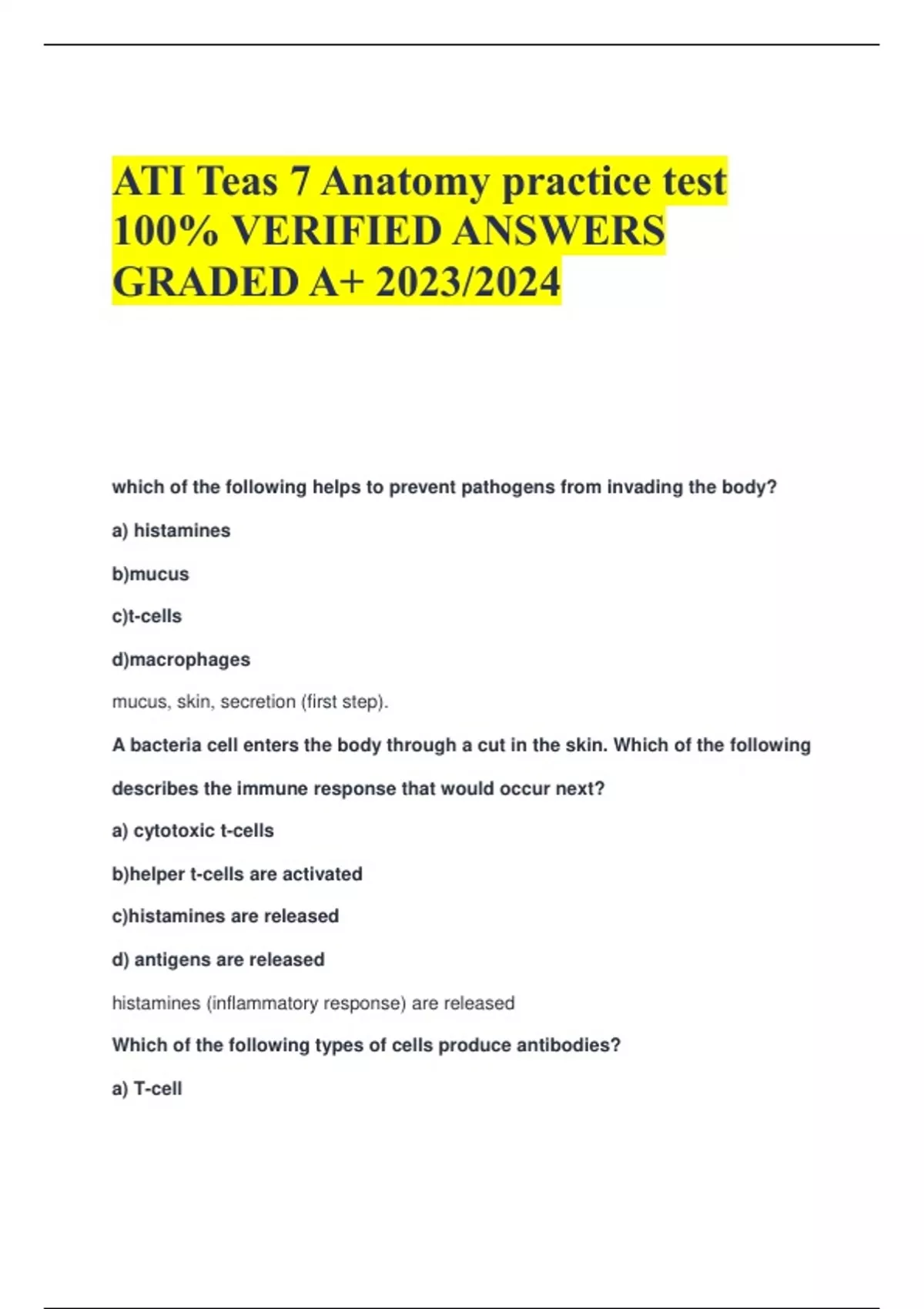 ATI Teas 7 Anatomy practice test 100% VERIFIED ANSWERS GRADED A+ 2023/ ...
