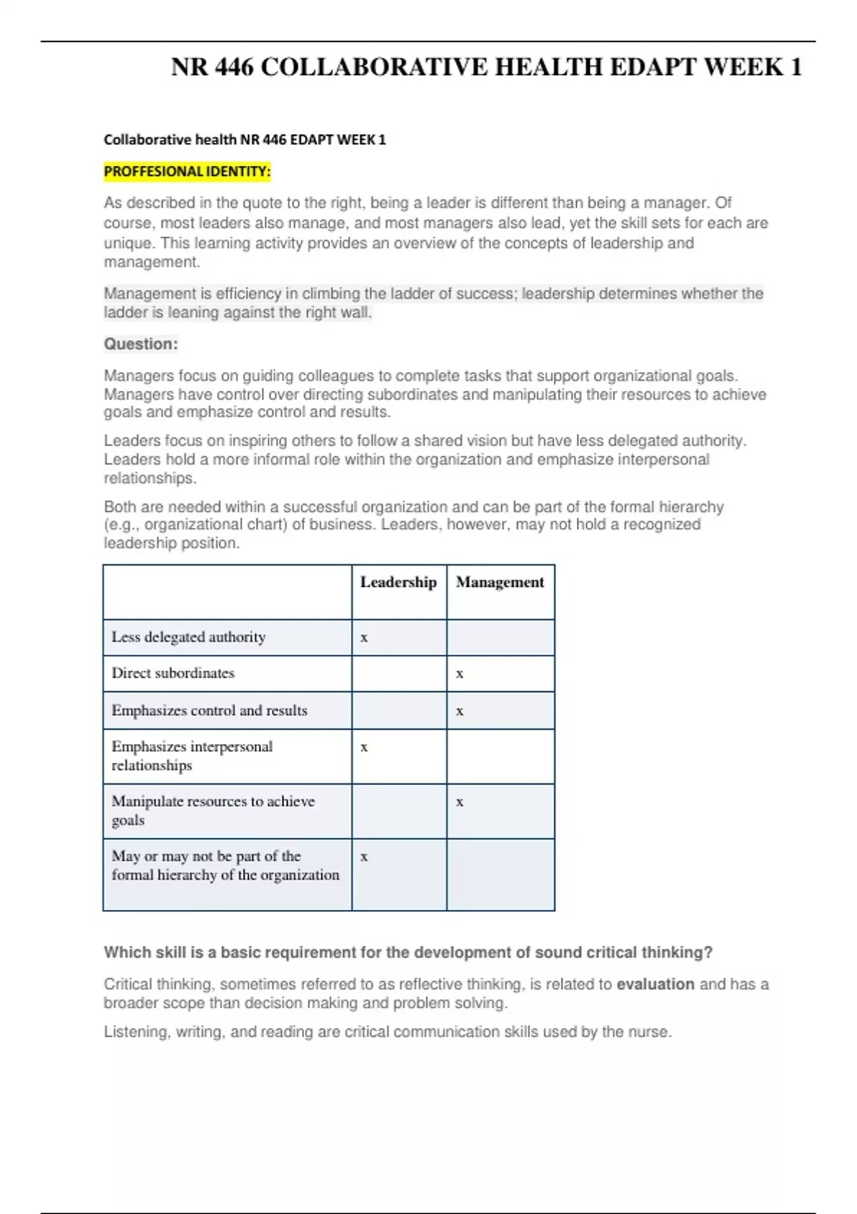 NR446 COLLABORATIVE HEALTH EDAPT WEEK 1-7 PACKAGE - Stuvia US