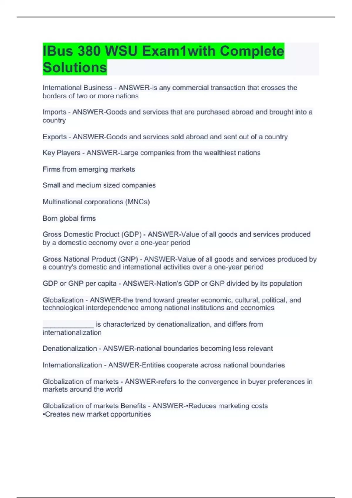 IBus 380 WSU Exam1with Complete Solutions - IBus 380 WSU - Stuvia US