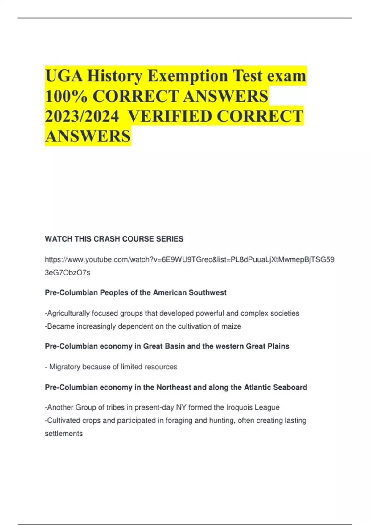 UGA History Exemption Test exam 100% CORRECT ANSWERS 2023/2024 VERIFIED ...