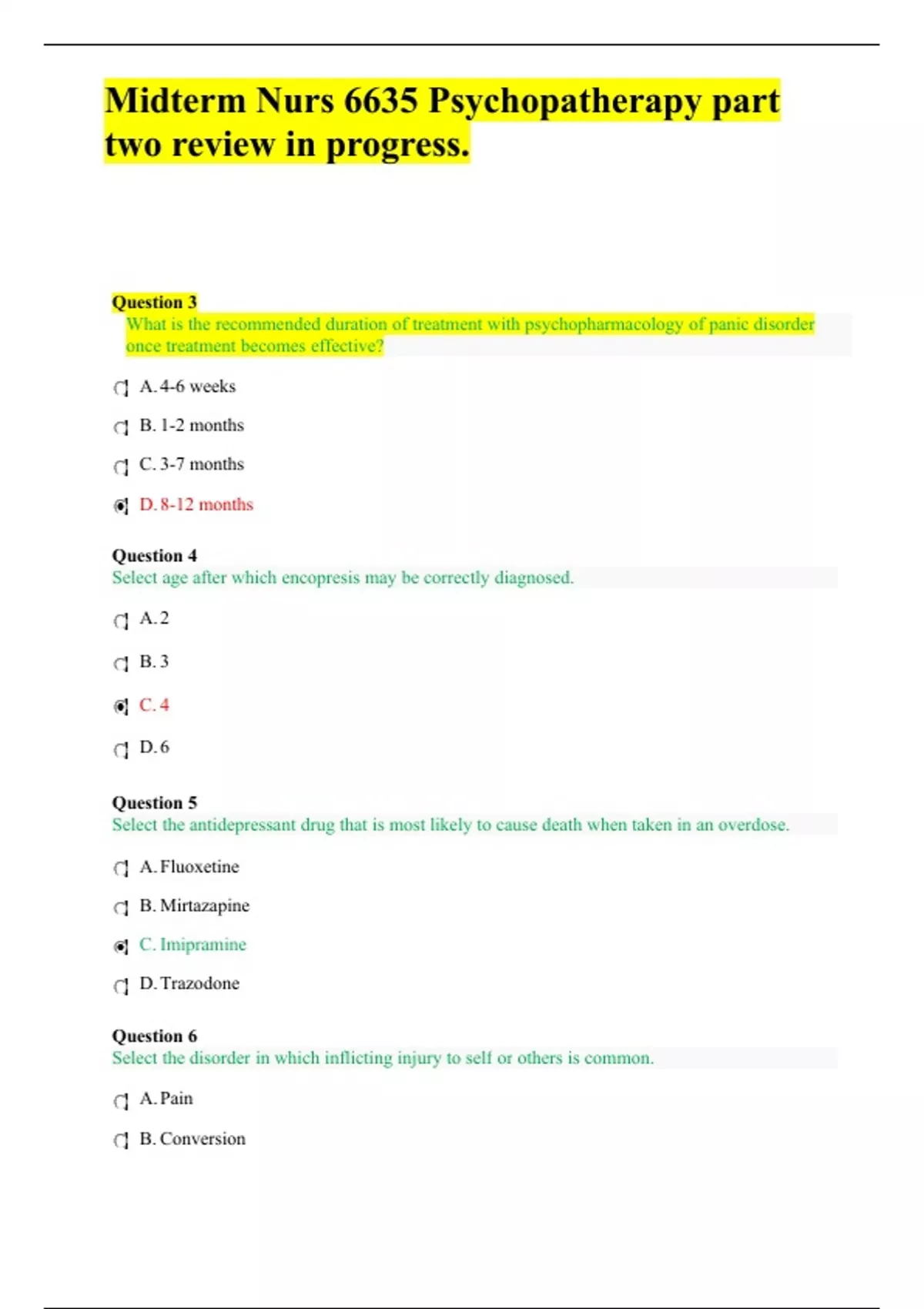 Midterm Nurs 6635 Psychopatherapy part two review in progress. - Nurs 6635 - Stuvia US