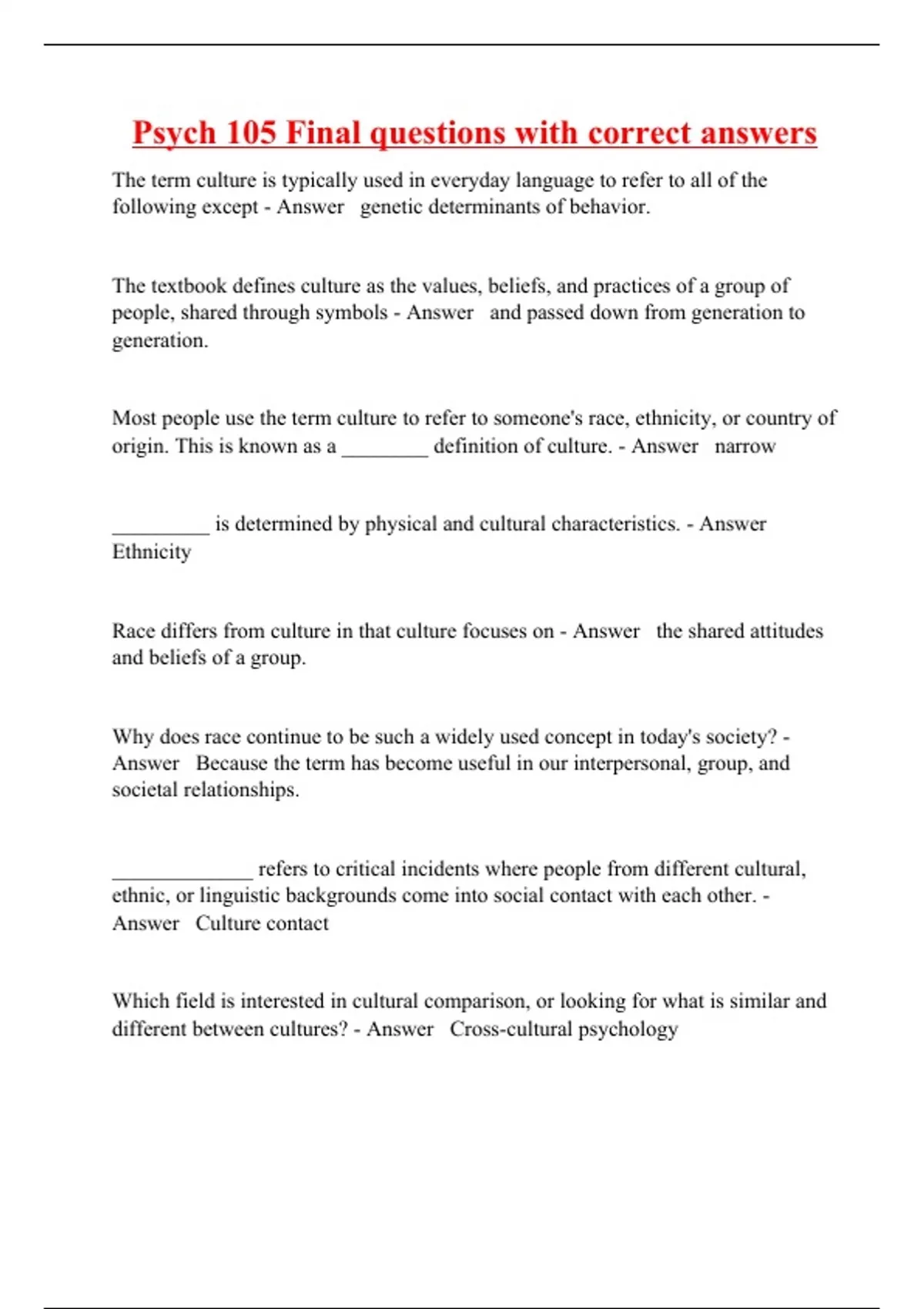 Psych 105 Final questions with correct answers - Psych 105 - Stuvia US