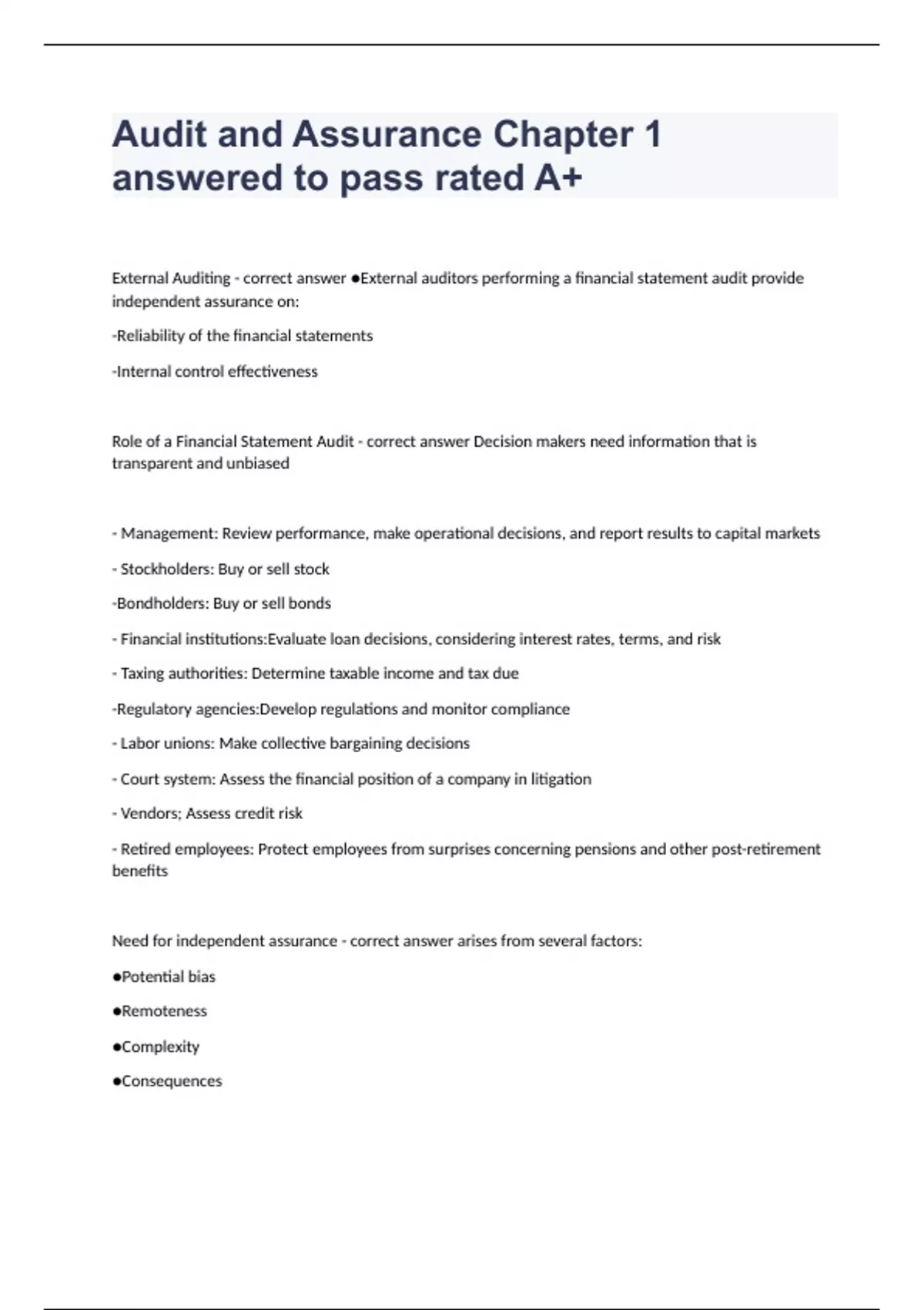 Audit and Assurance Chapter 1 answered to pass rated A+ - Auditing and ...