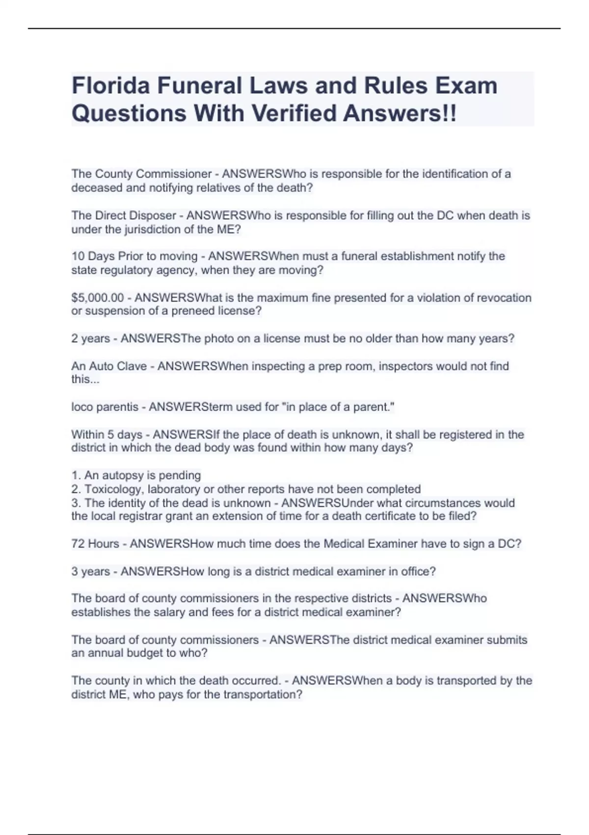 Florida Funeral Laws and Rules Exam Questions With Verified Answers ...