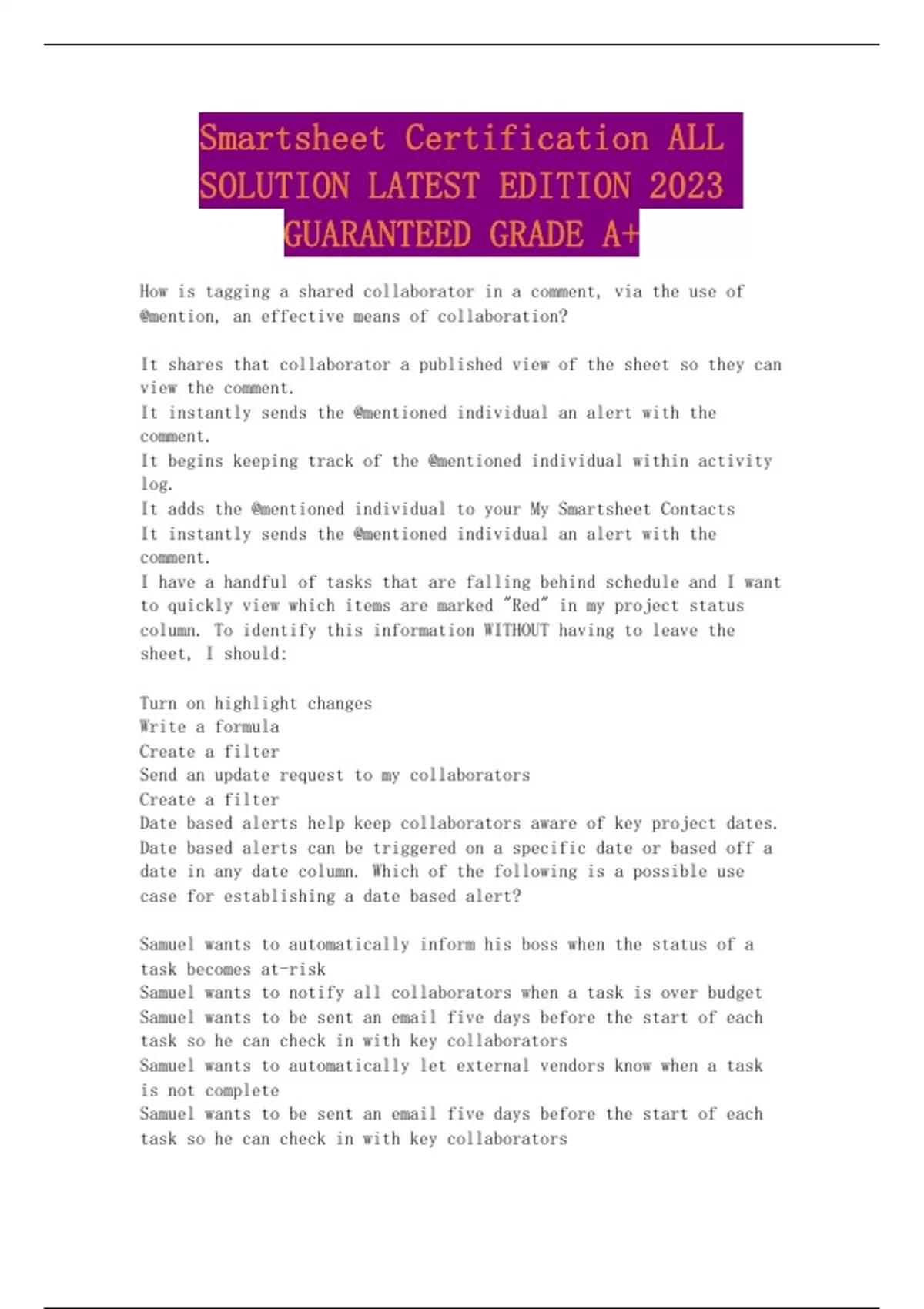 Smartsheet Certification ALL SOLUTION LATEST EDITION 2023 GUARANTEED ...