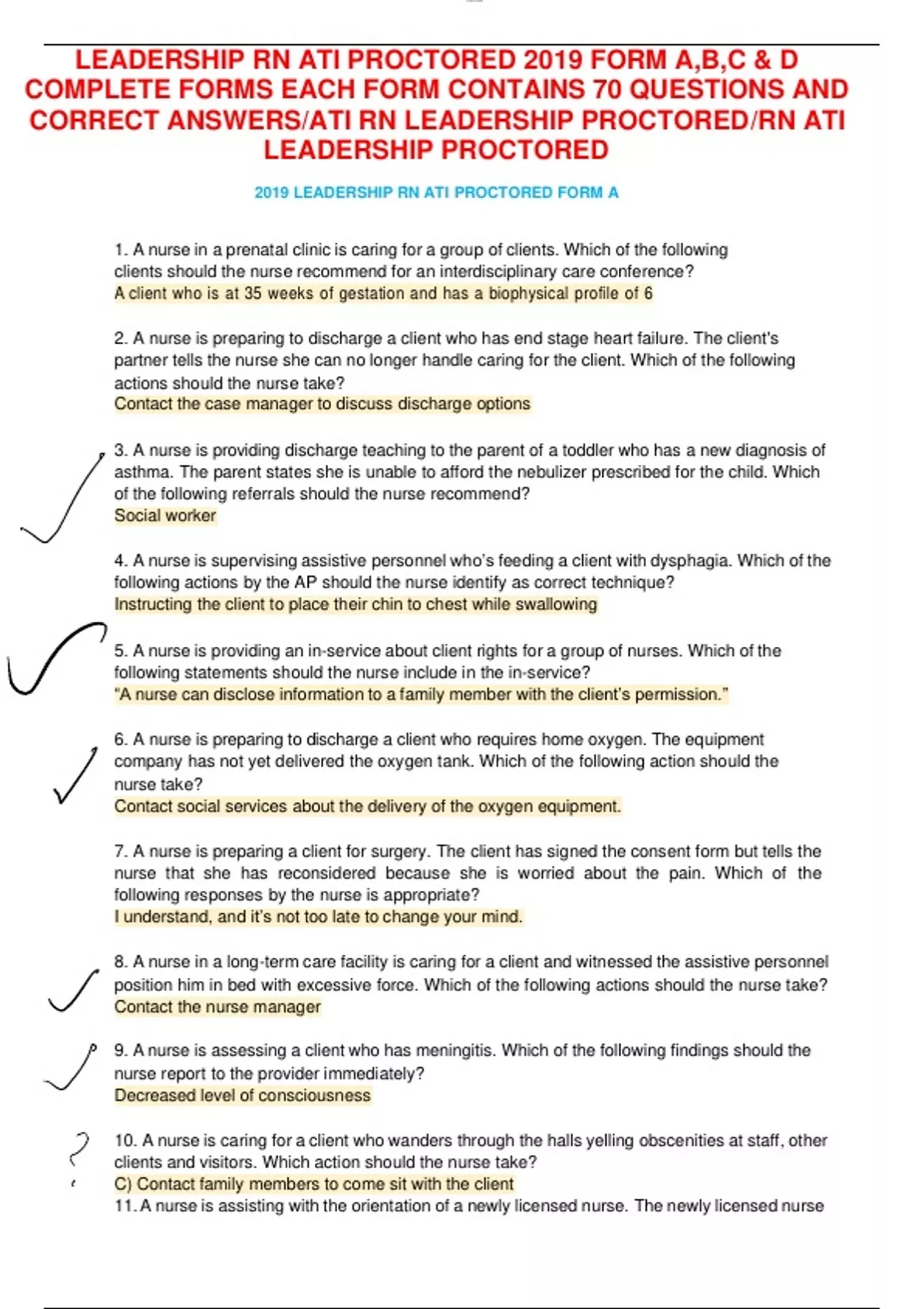LEADERSHIP RN ATI PROCTORED 2019 FORM A,B,C & D COMPLETE FORMS EACH ...