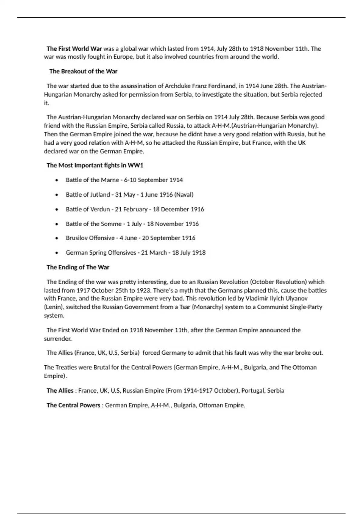 Summary on the First World War - History - Stuvia US