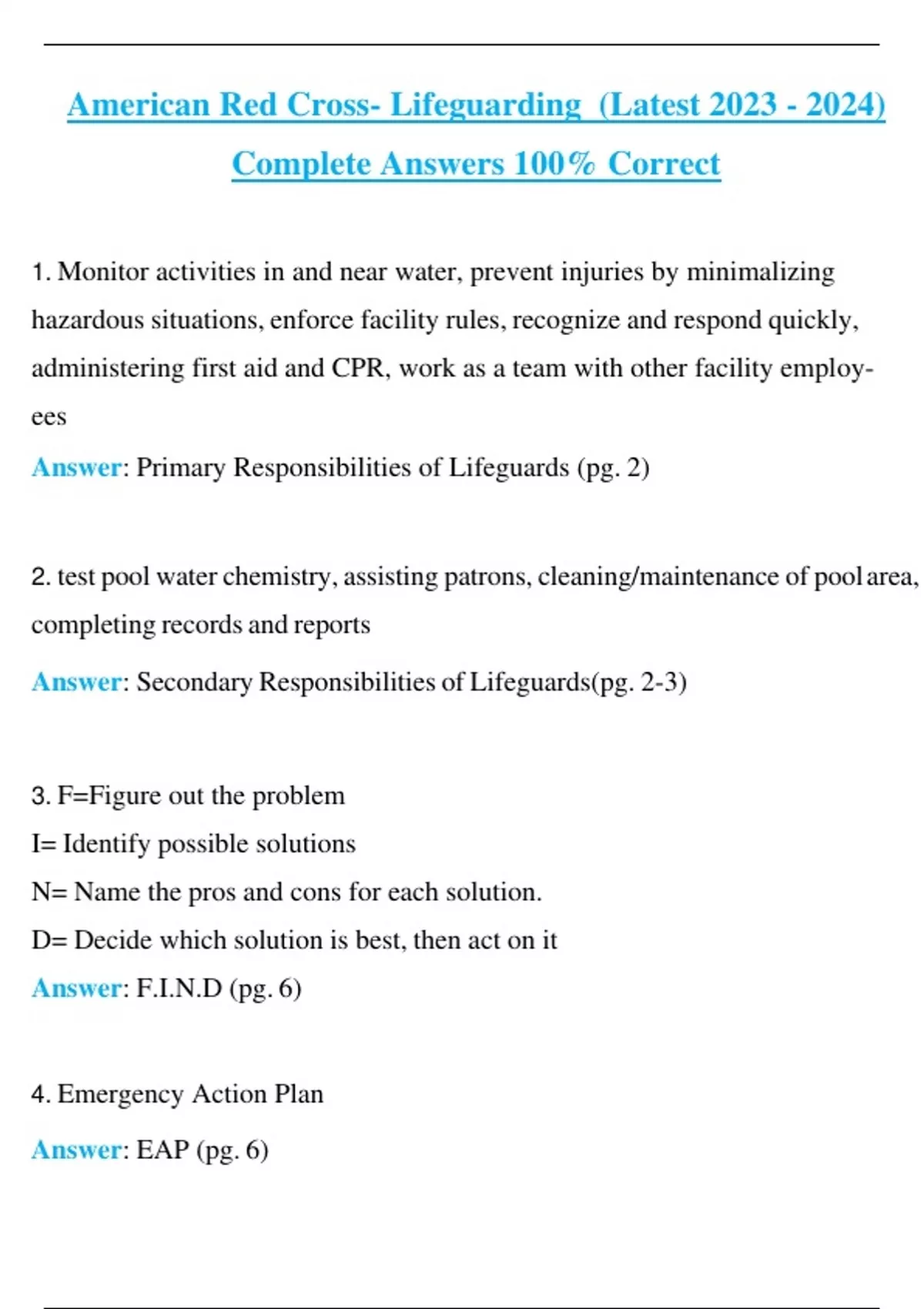 American Red Cross- Lifeguarding (Latest 2024 / 2025 ) Complete Answers ...
