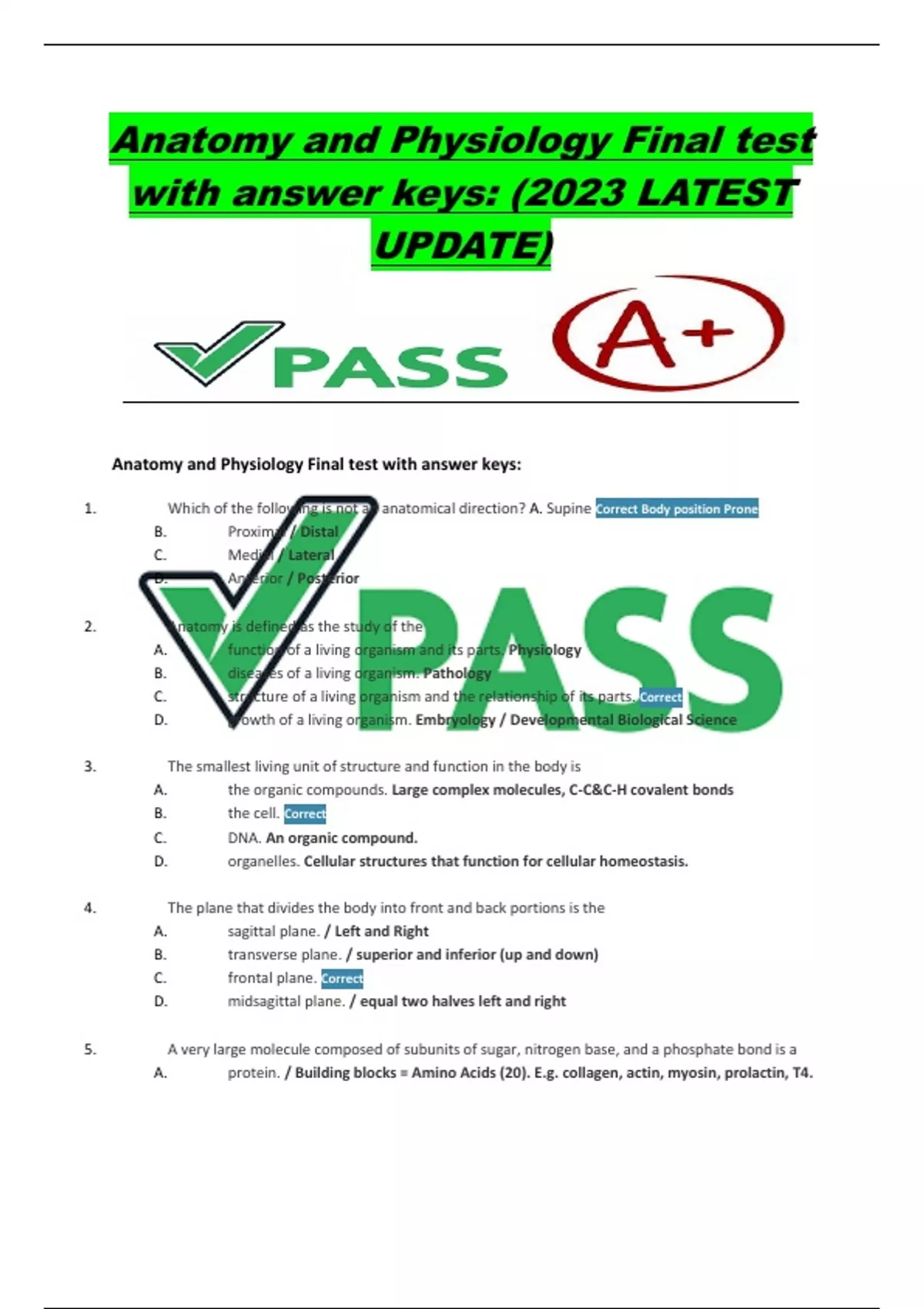 Anatomy and Physiology Final test with answer keys: (2023 LATEST UPDATE ...
