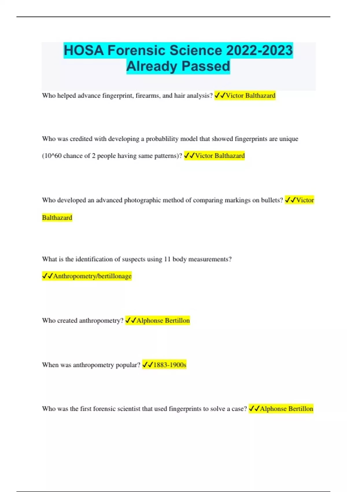 HOSA Forensic Science Already Passed - HOSA Forensic Science - Stuvia US