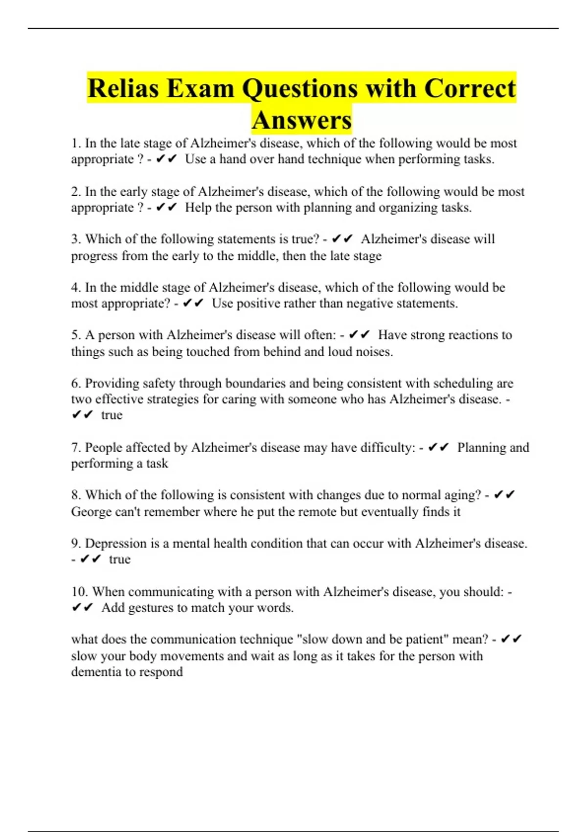 Relias Exam Questions with Correct Answers - Relias - Stuvia US