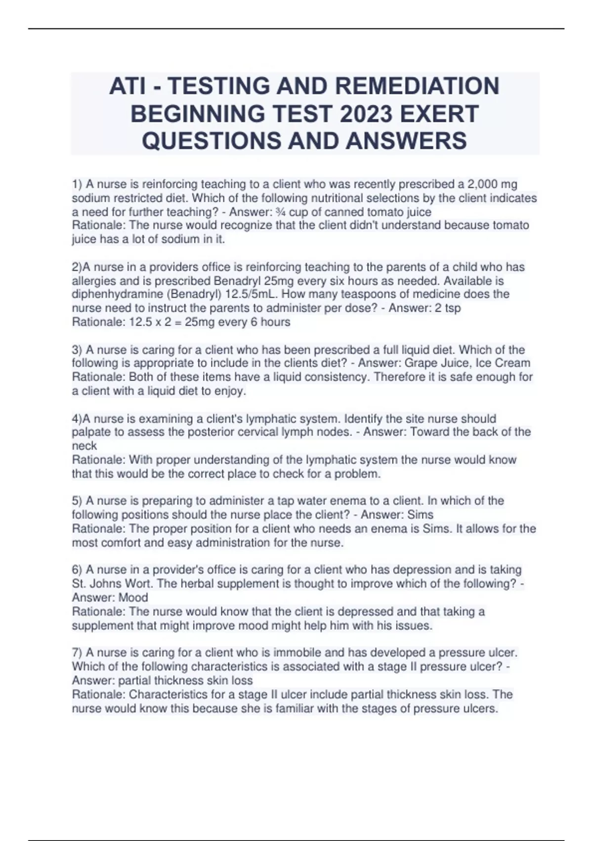 ATI - TESTING AND REMEDIATION BEGINNING TEST 2023 EXERT QUESTIONS AND ...