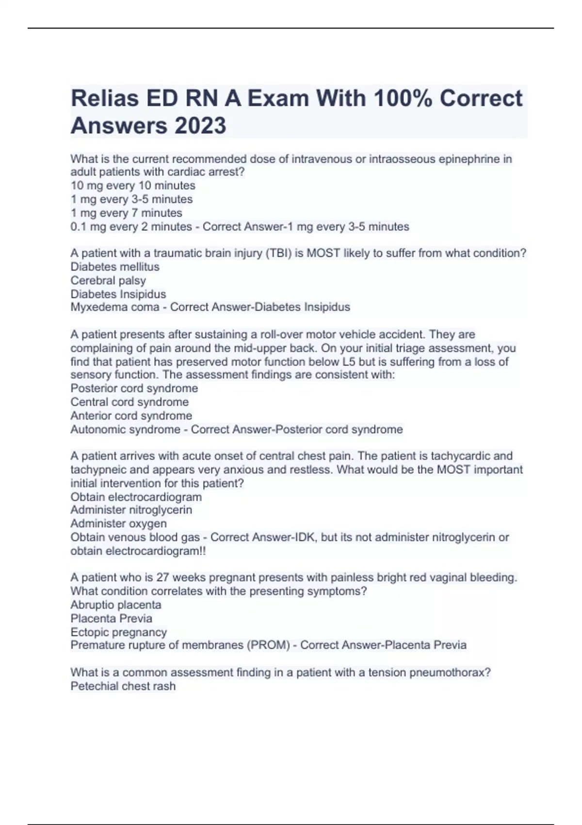 Relias ED RN A Exam With 100% Correct Answers 2023 - Relias - Stuvia US