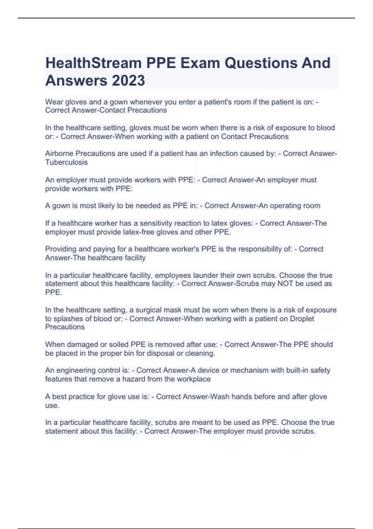 HealthStream PPE Exam Questions And Answers 2023 - Healthstream - Stuvia US