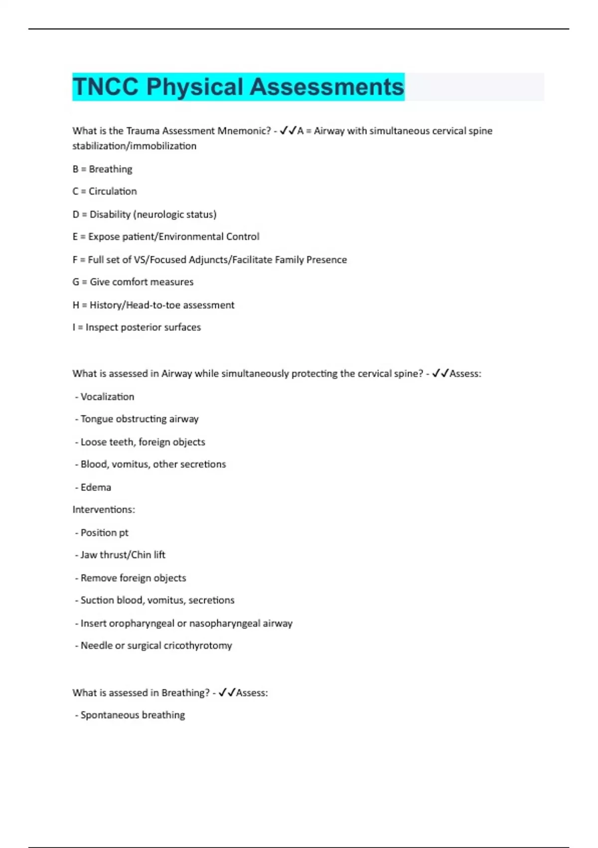 TNCC Physical Assessments| Questions With 100% Correct Answers ...