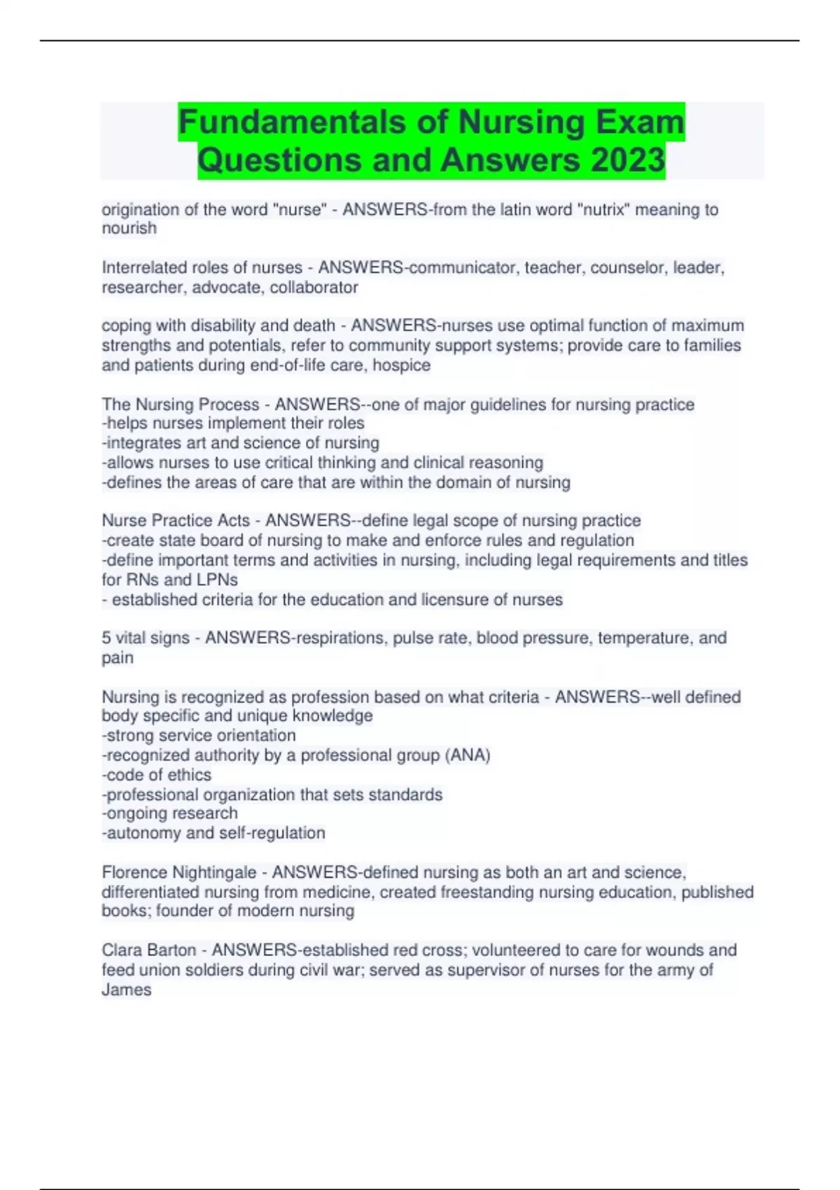 Fundamentals of Nursing Exam Questions and Answers 2023 - Fundamentals ...