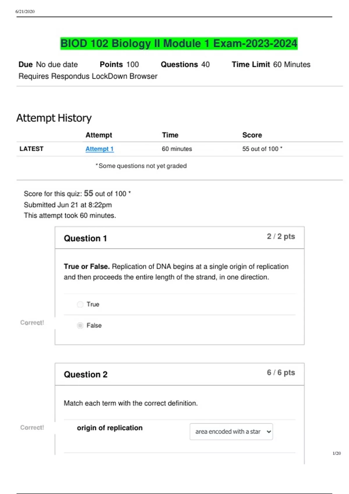 BIOD 102 Biology II Module 1 Exam- - BIOD 102 (BIOD102) - Stuvia US