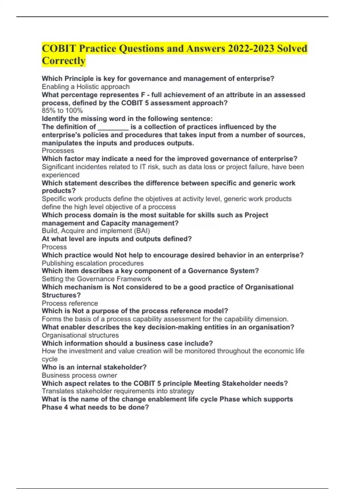 COBIT Practice Questions and Answers Solved Correctly - COBIT - Stuvia US