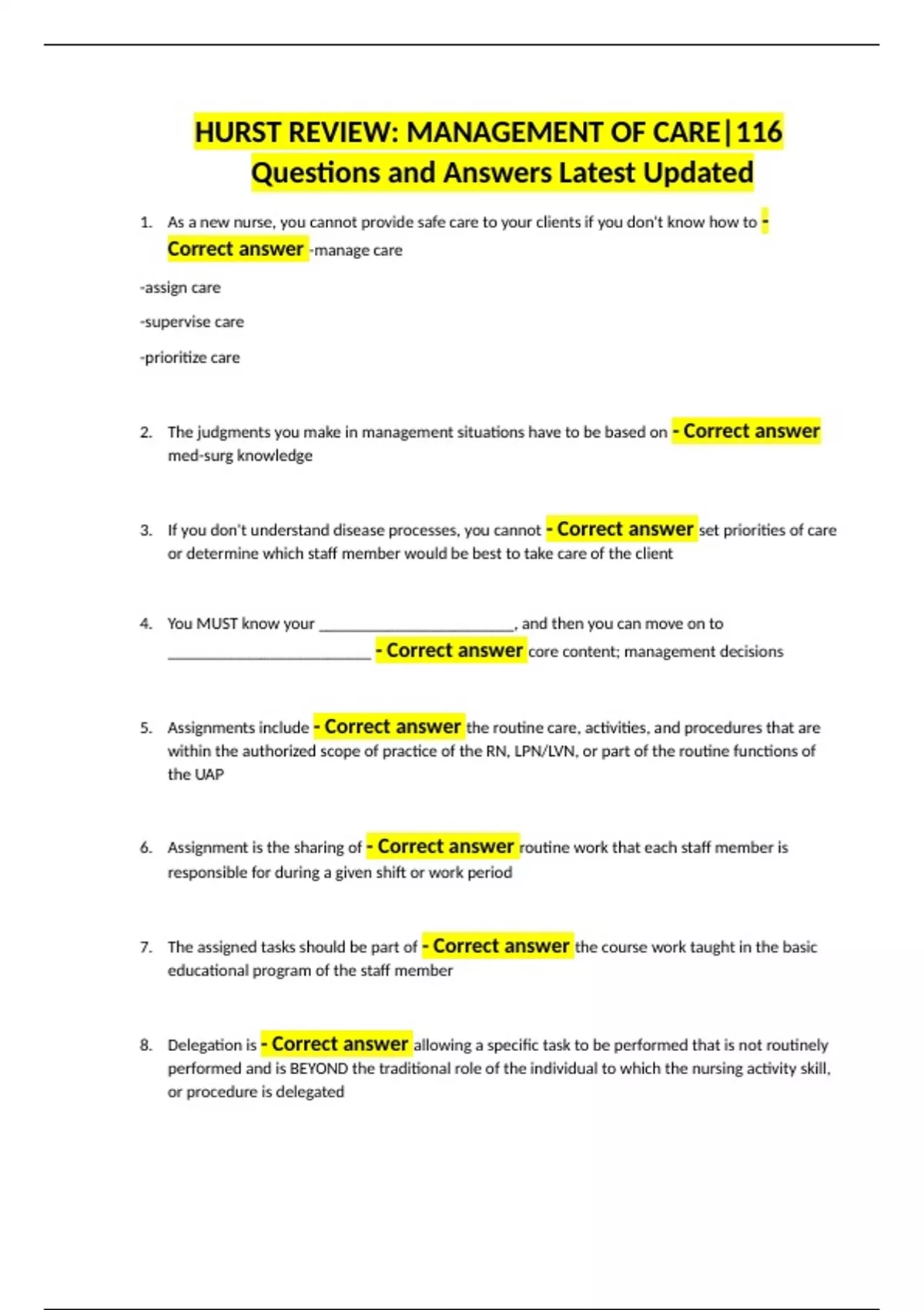 HURST REVIEW: MANAGEMENT OF CARE|116 Questions and Answers Latest ...