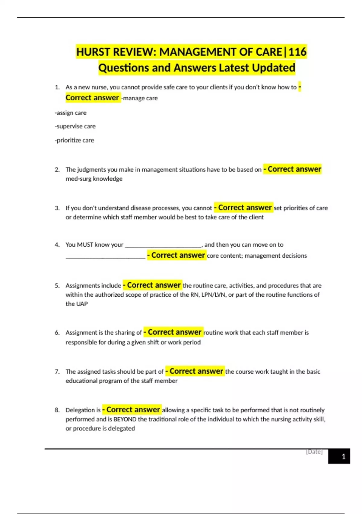 HURST REVIEW: MANAGEMENT OF CARE|116 Questions and Answers Latest ...
