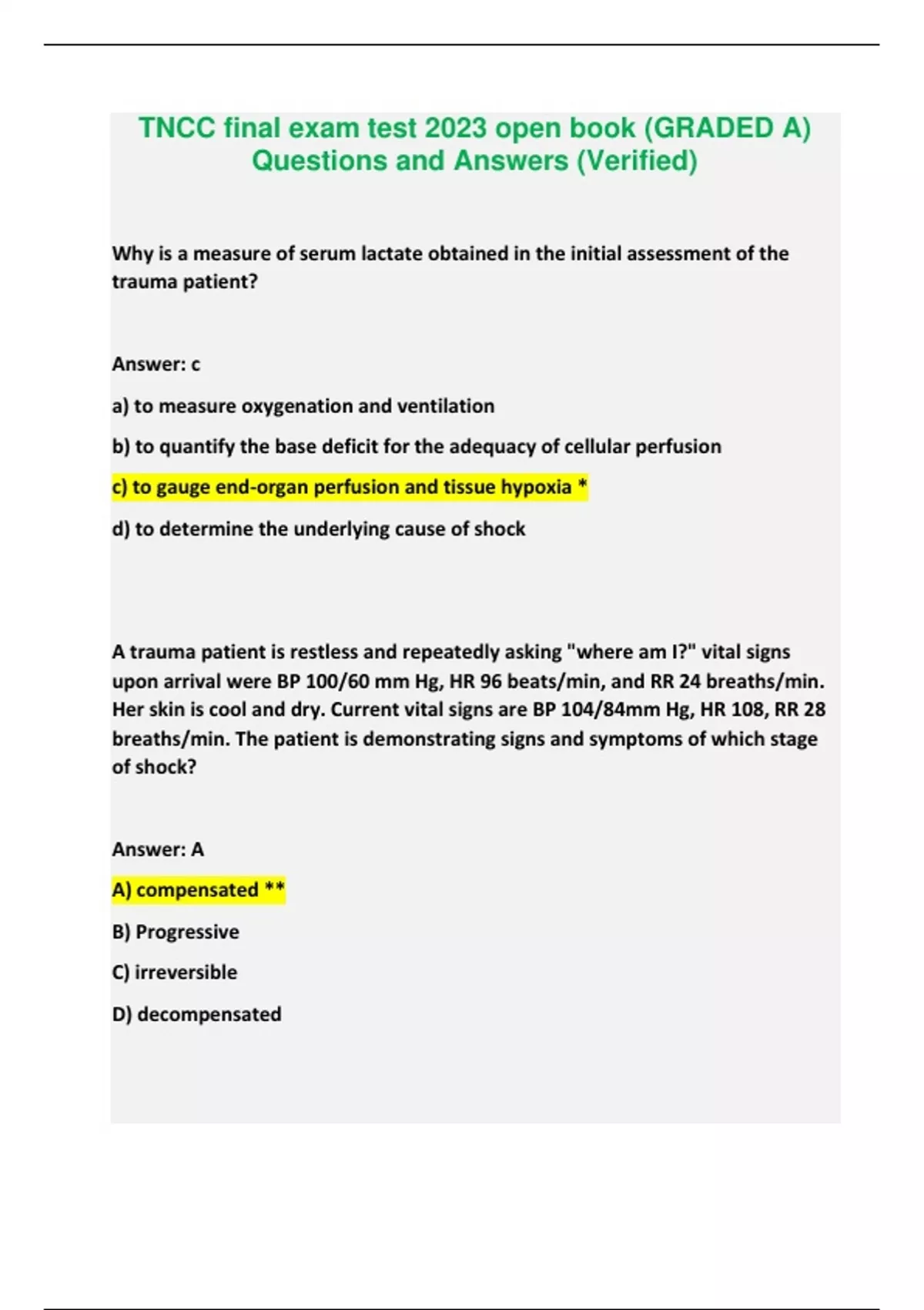 TNCC final exam test 2023 open book (GRADED A) Questions and Answers ...