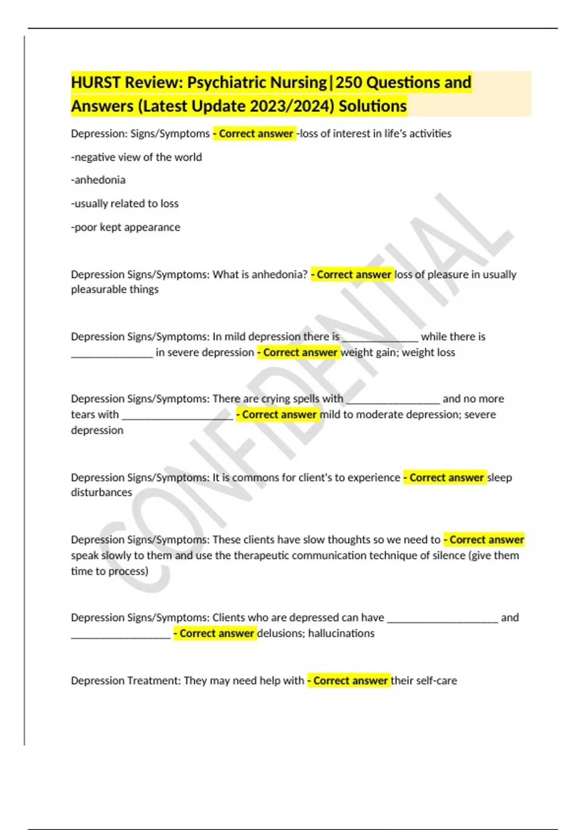HURST Review: Psychiatric Nursing|250 Questions and Answers (Latest ...