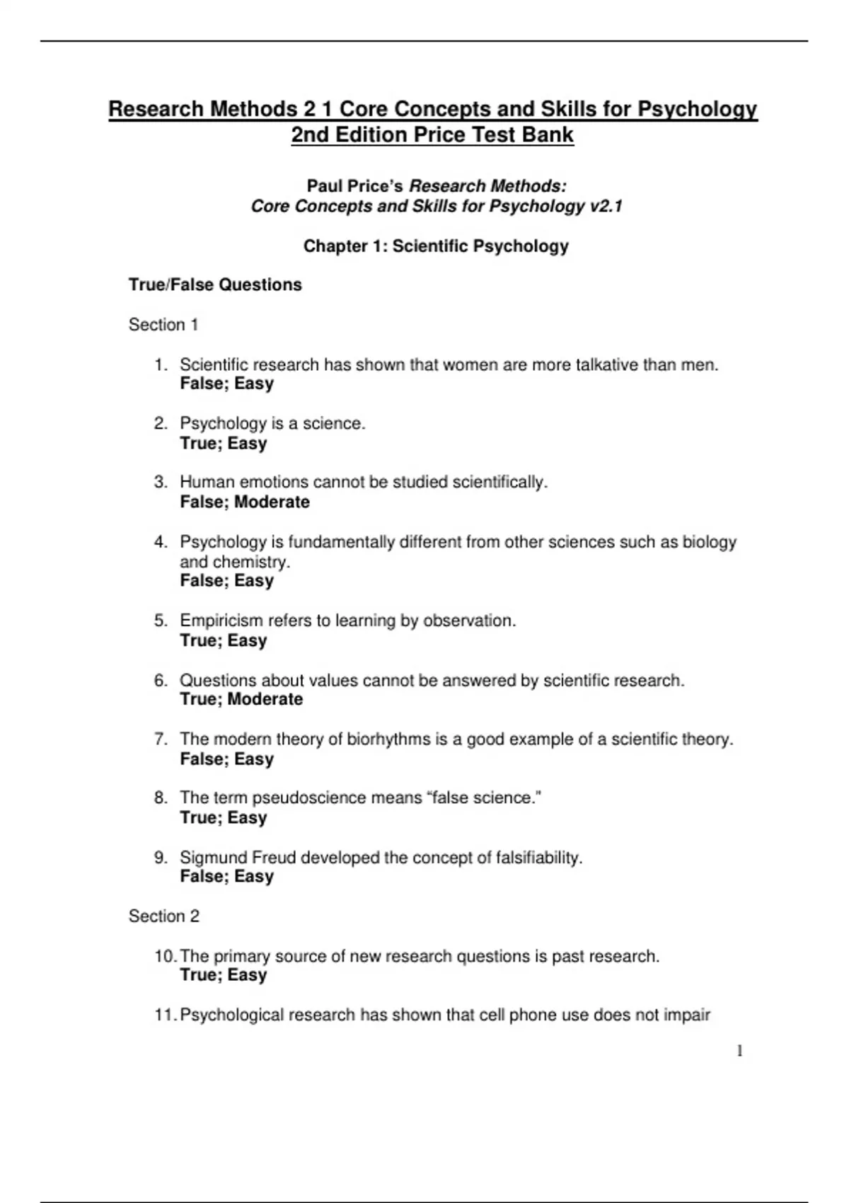 Test Bank for Research Methods 2 1 Core Concepts and Skills for ...
