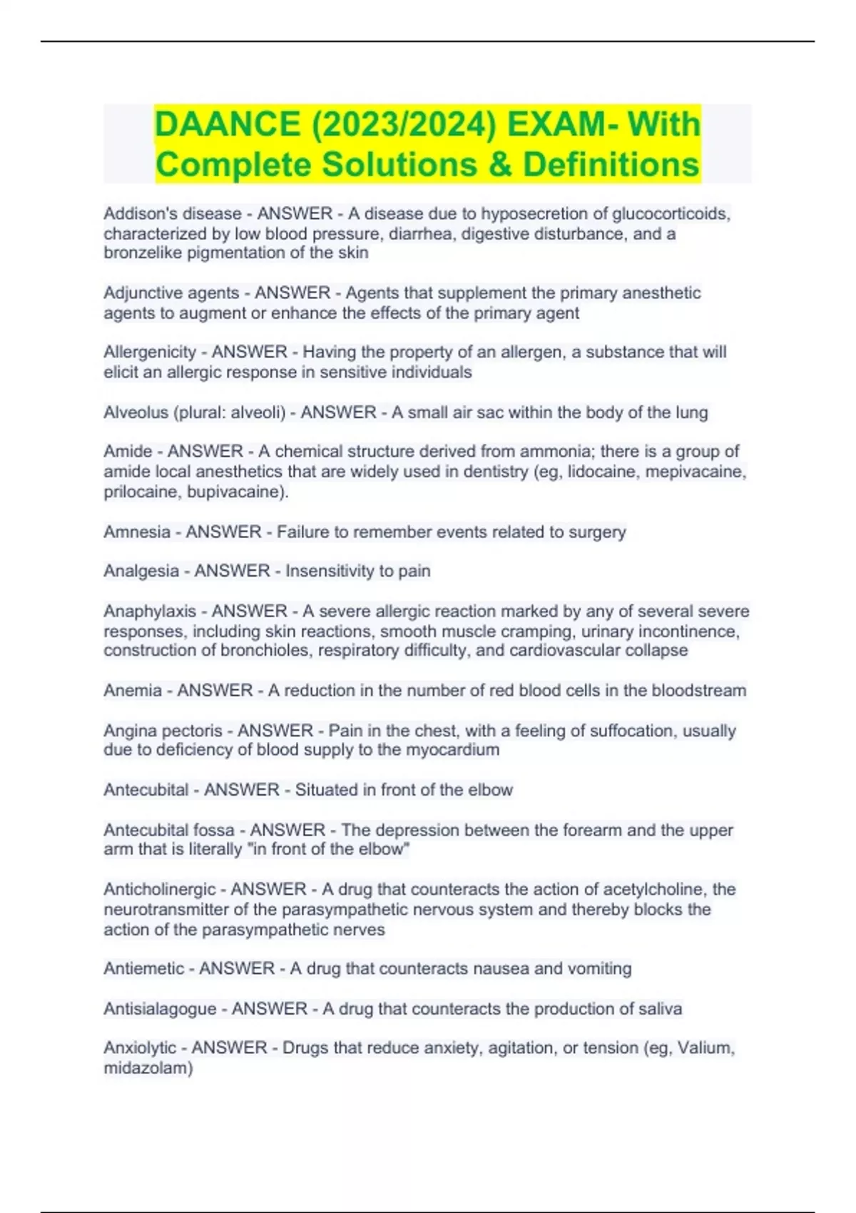 DAANCE (2023/2024) EXAM- With Complete Solutions & Definitions - DAANCE - Stuvia US