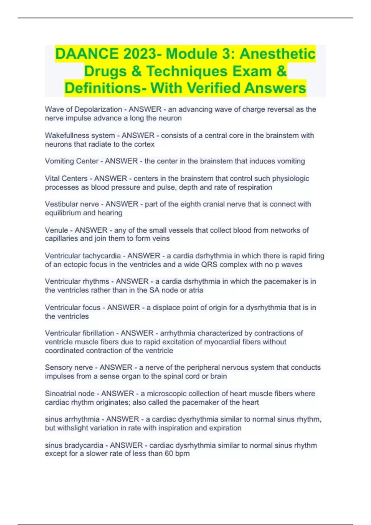 DAANCE 2023- Module 3: Anesthetic Drugs & Techniques Exam & Definitions ...