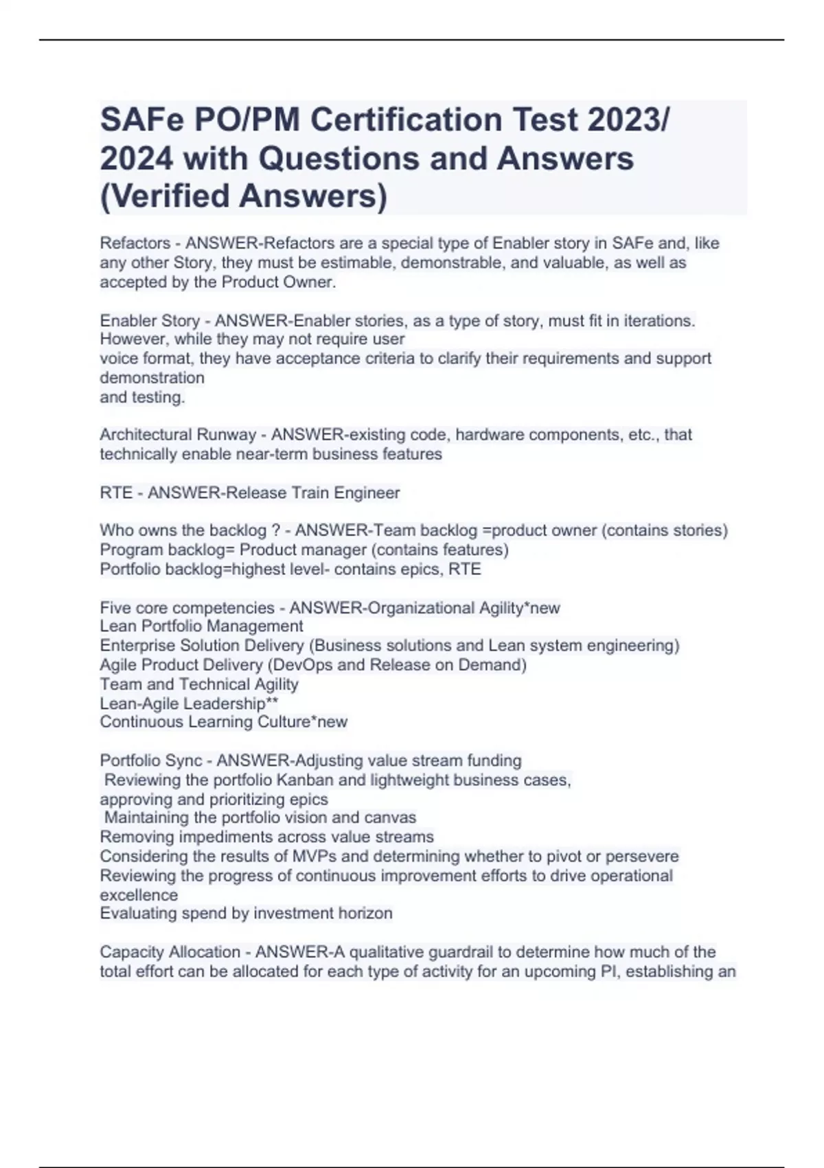 SAFe PO/PM Certification Test 2023/ 2024 with Questions and Answers ...
