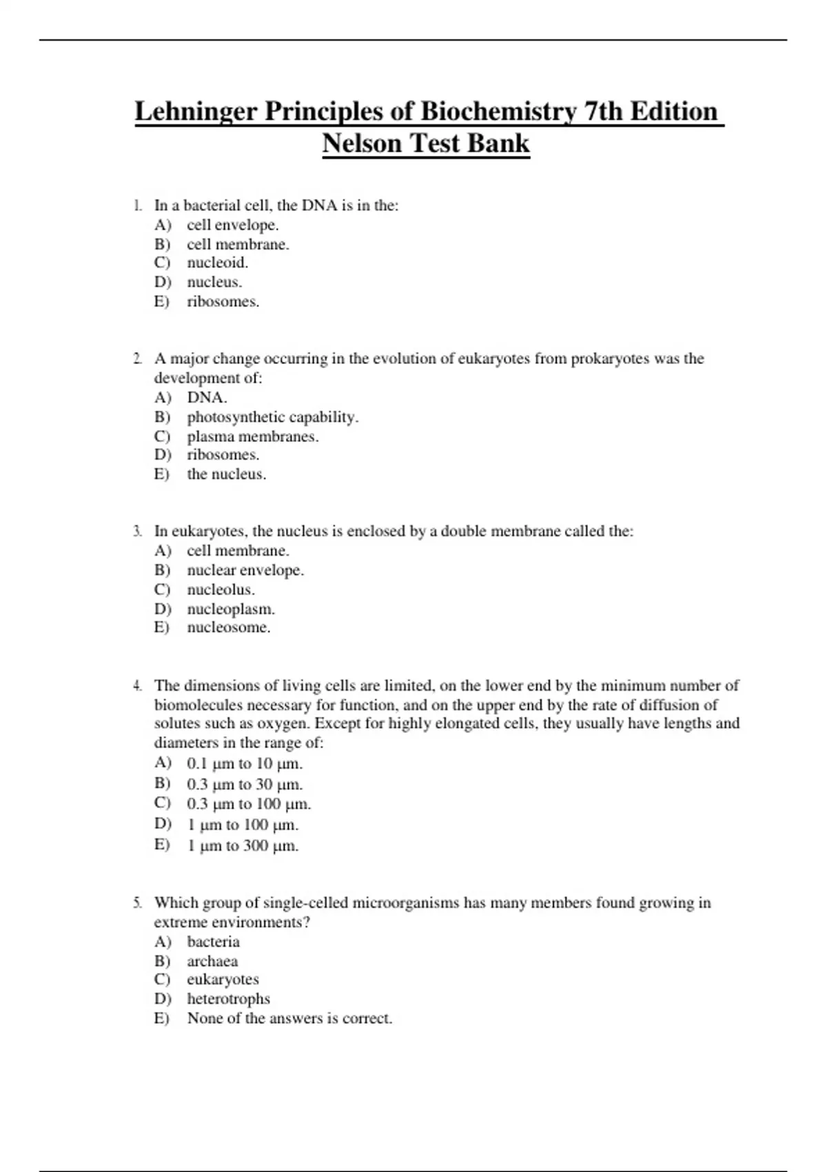 Test Bank for Lehninger Principles of Biochemistry 7th Edition Nelson ...