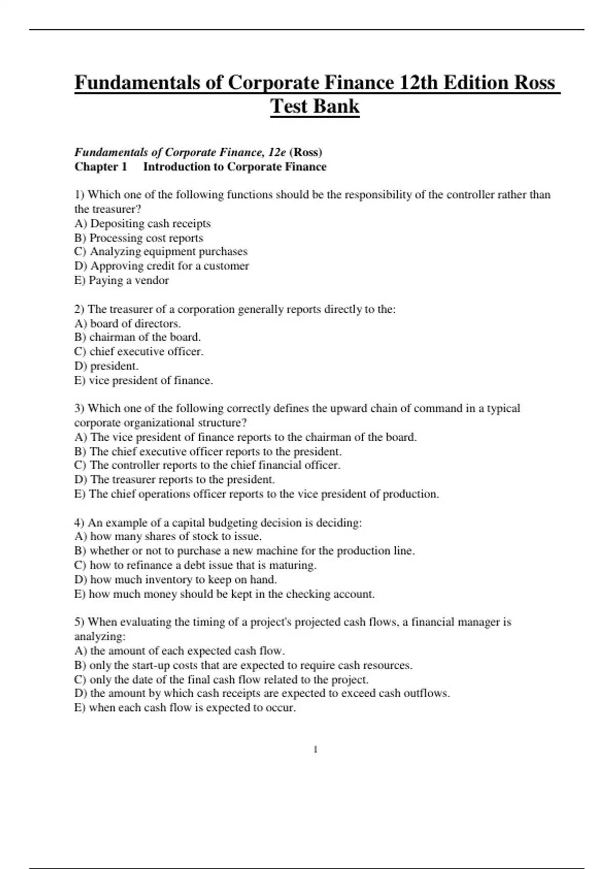 Test Bank for Fundamentals of Corporate Finance 12th Edition Ross / All ...