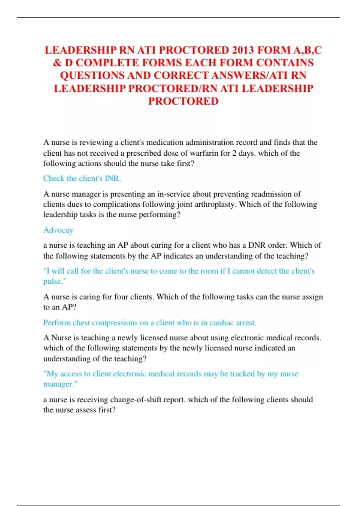 LEADERSHIP RN ATI PROCTORED 2023 FORM A,B,C & D COMPLETE FORMS EACH ...