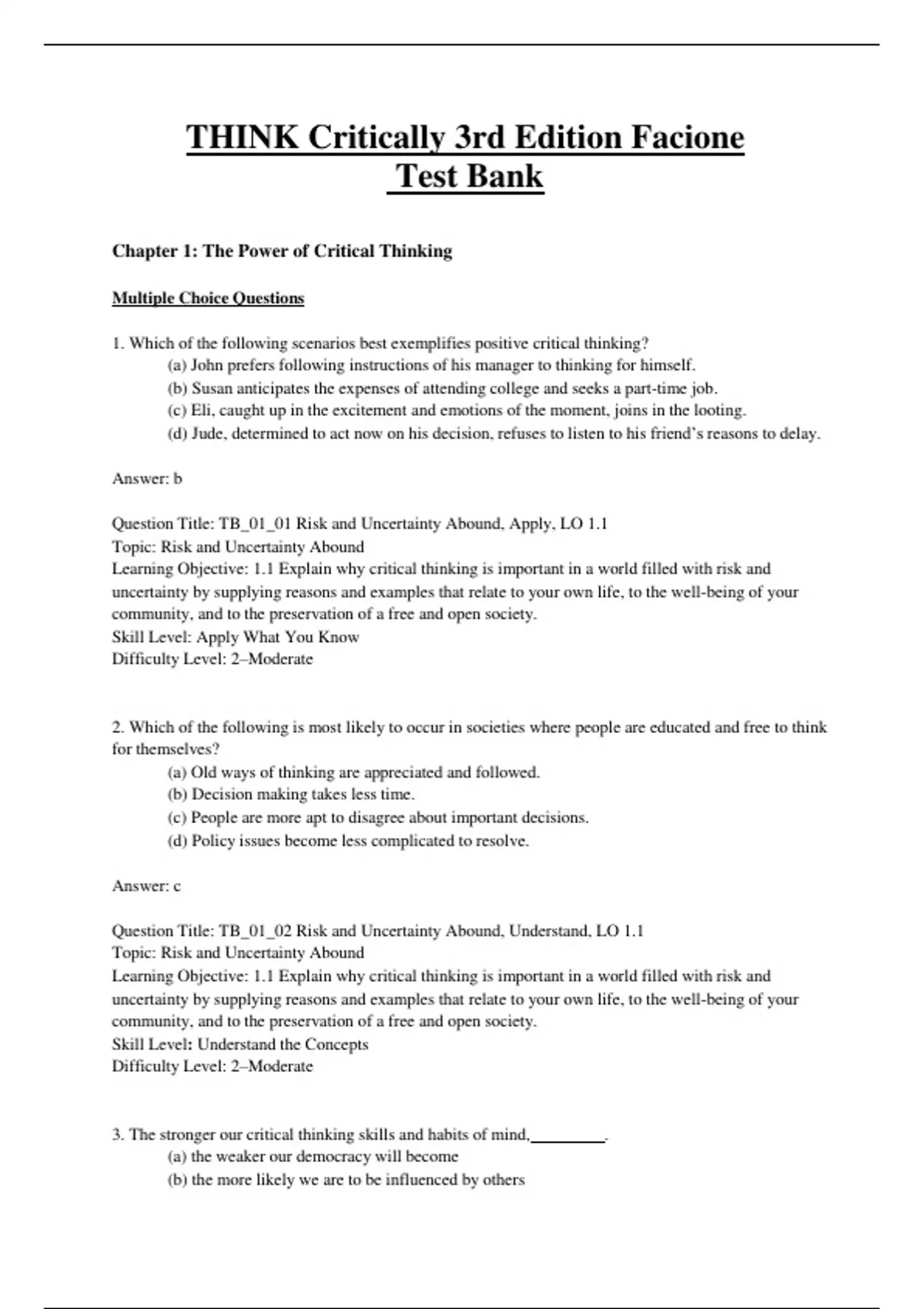 Test Bank for THINK Critically 3rd Edition Facione / All Chapters 1 ...