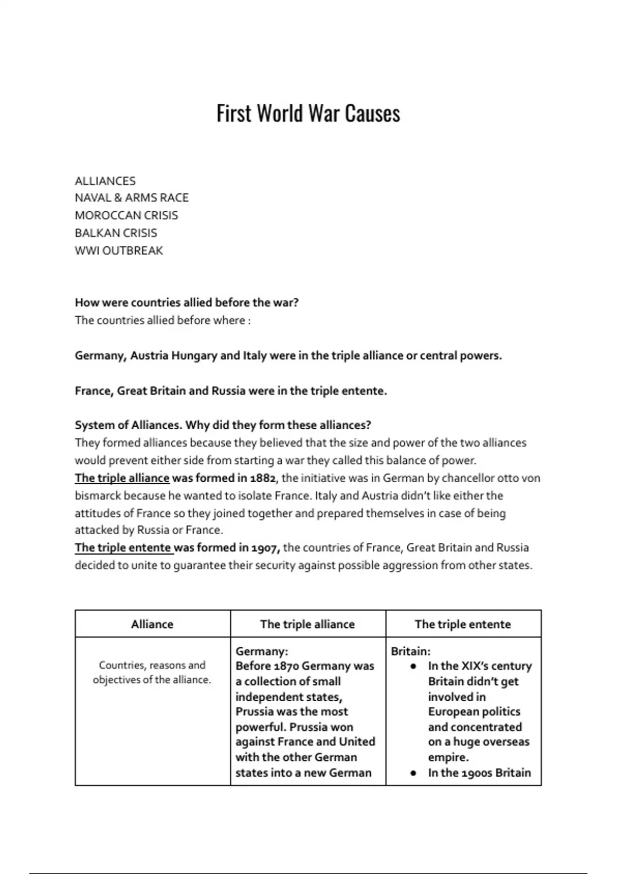 Summary Causes of the First World War - History - Stuvia US