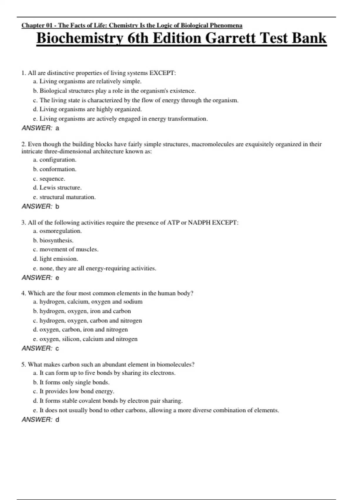 Test Bank for Biochemistry 6th Edition Garrett / All Chapters 1 - 32 ...