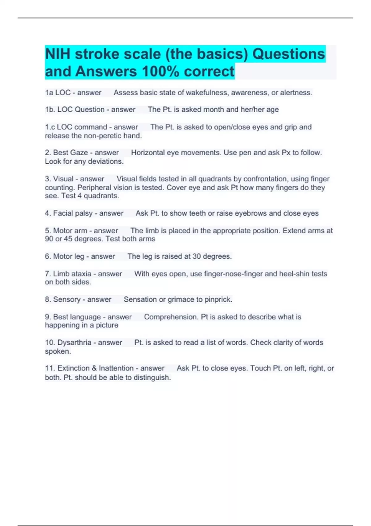 NIH stroke scale (the basics) Questions and Answers 100% correct - NIH ...