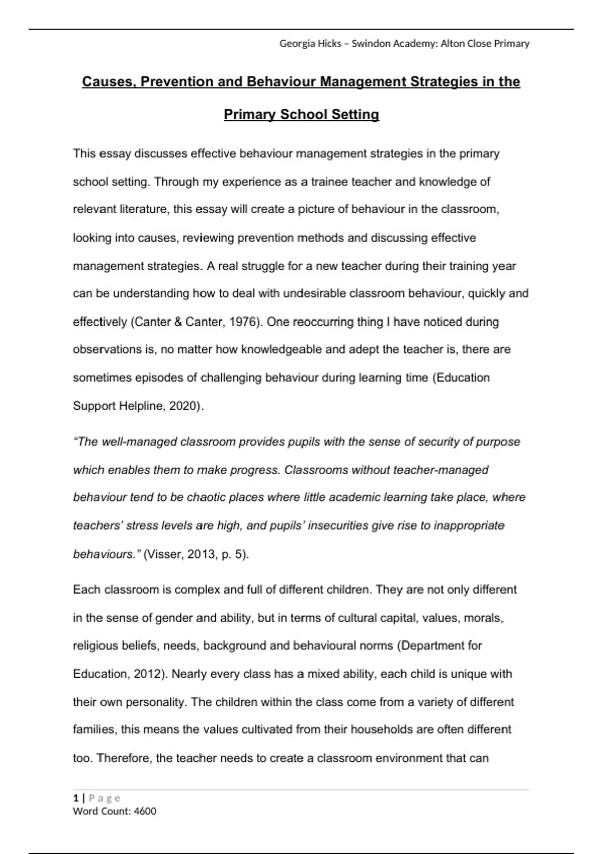 Causes, Prevention and Behaviour Management Strategies in the Primary ...