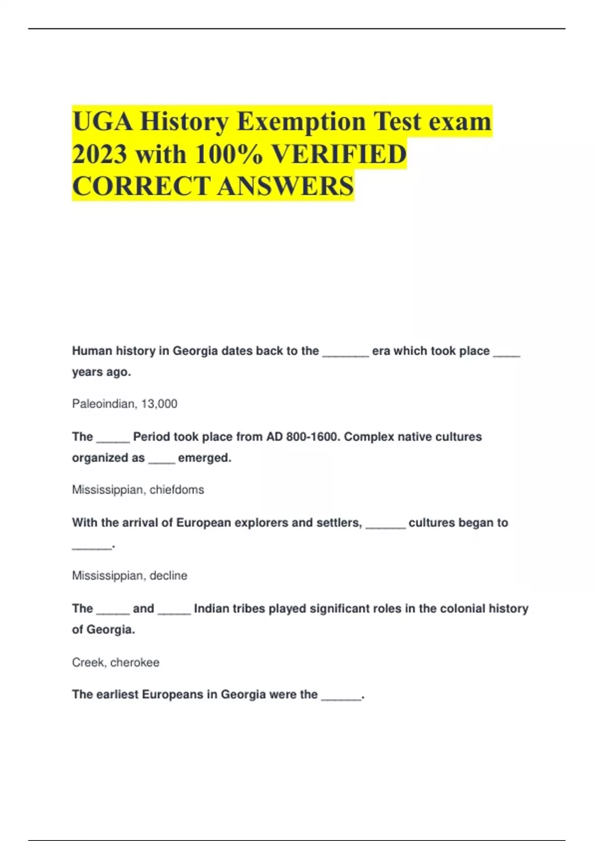 UGA History Exemption Test exam 2023 with 100% VERIFIED CORRECT ANSWERS ...