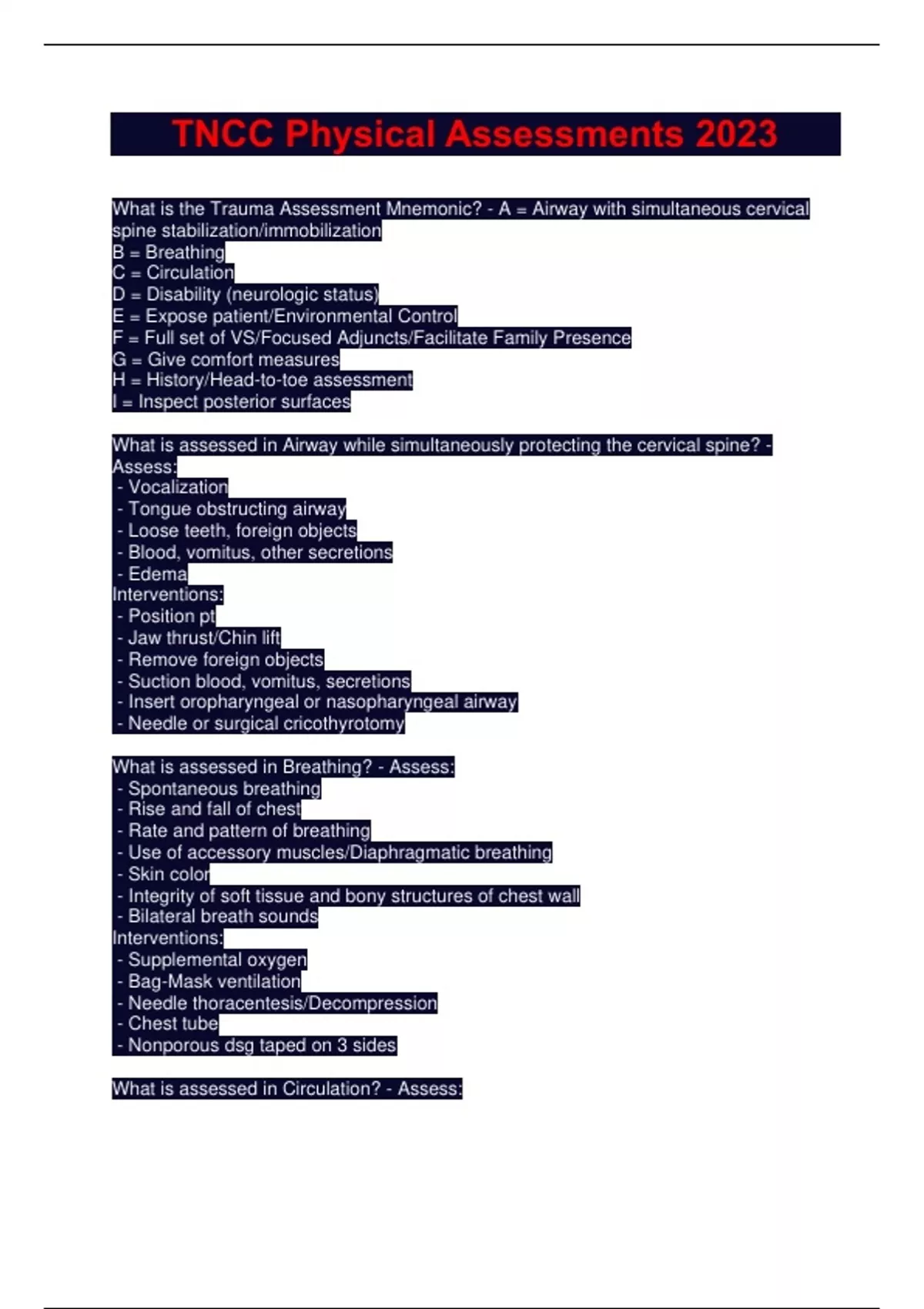 TNCC Physical Assessments 2023 - TNCC Physical - Stuvia US