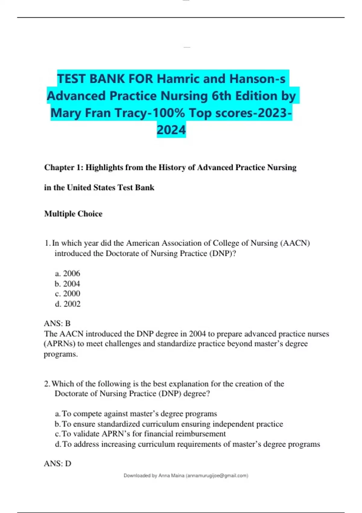 TEST BANK FOR Hamric and Hanson-s Advanced Practice Nursing 6th Edition ...