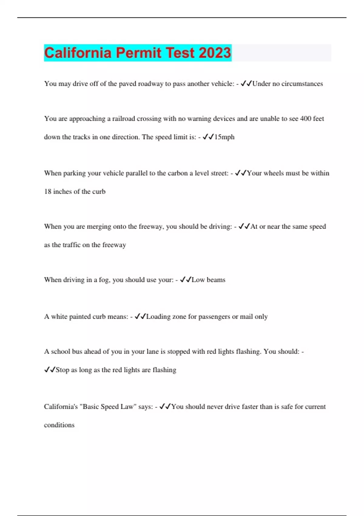 California Permit Test 2023 | 83 Questions with 100% Correct Answers ...