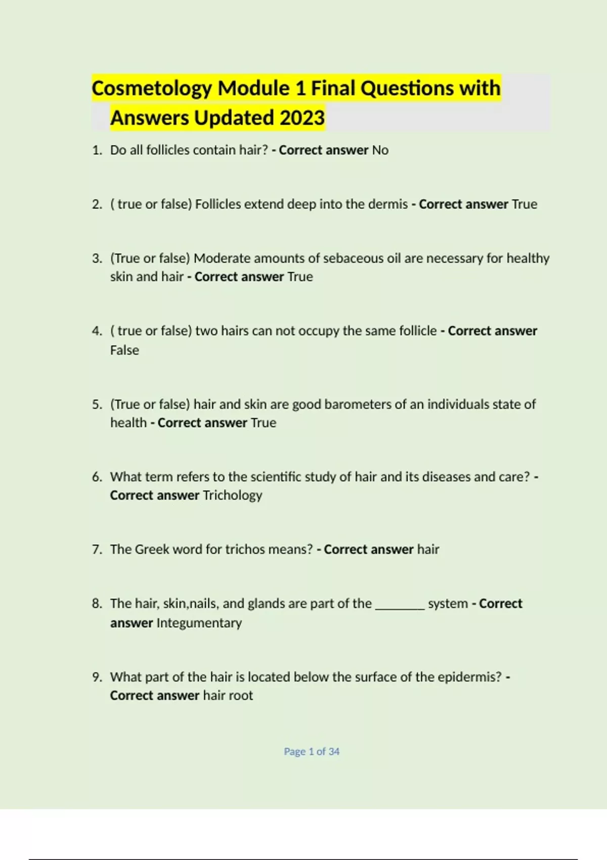 Cosmetology Module 1 Final Questions with Answers Updated 2023 ...