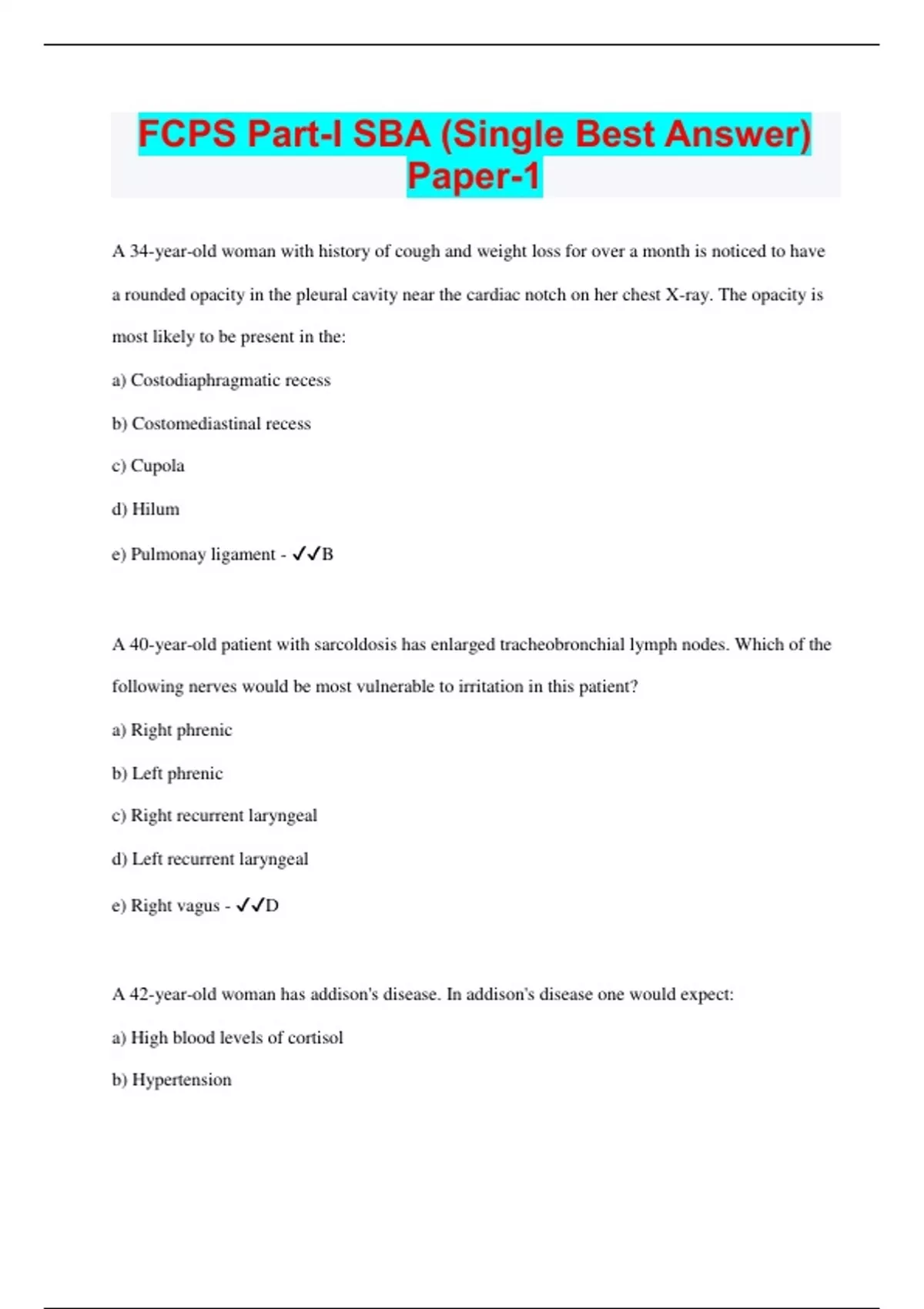 FCPS Part-I SBA (Single Best Answer) Paper-1 | Questions with 100% ...