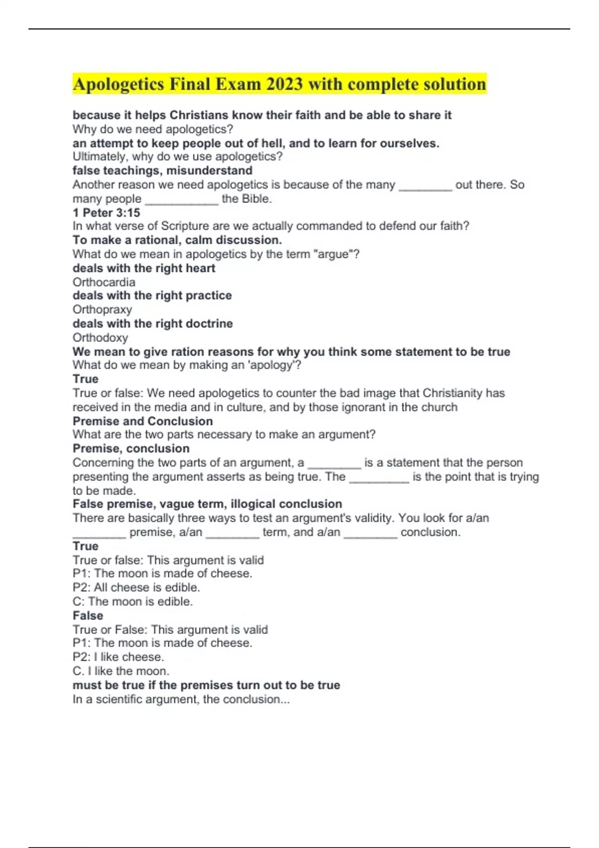 Apologetics Final Exam 2023 with complete solution - Apologetics ...