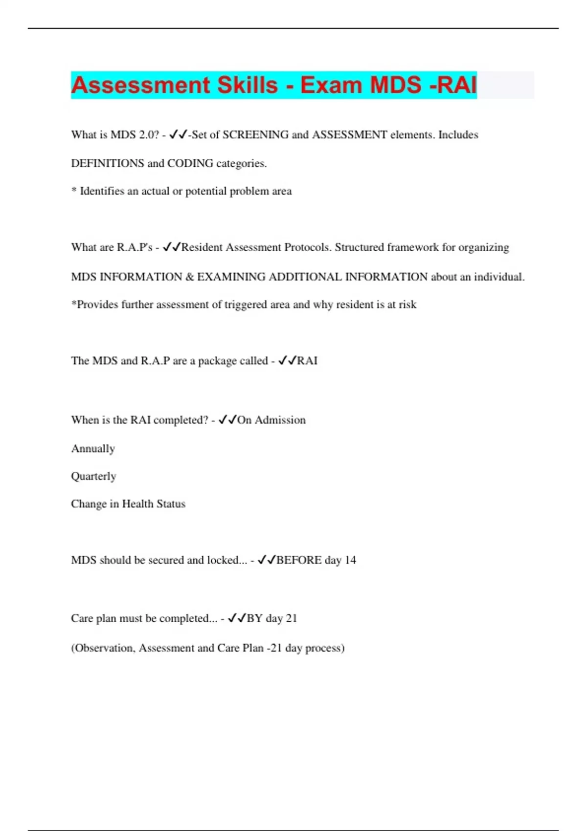 Assessment Skills - Exam MDS -RAI | Questions with 100% Correct Answers | Verified - MDS -RAI ...