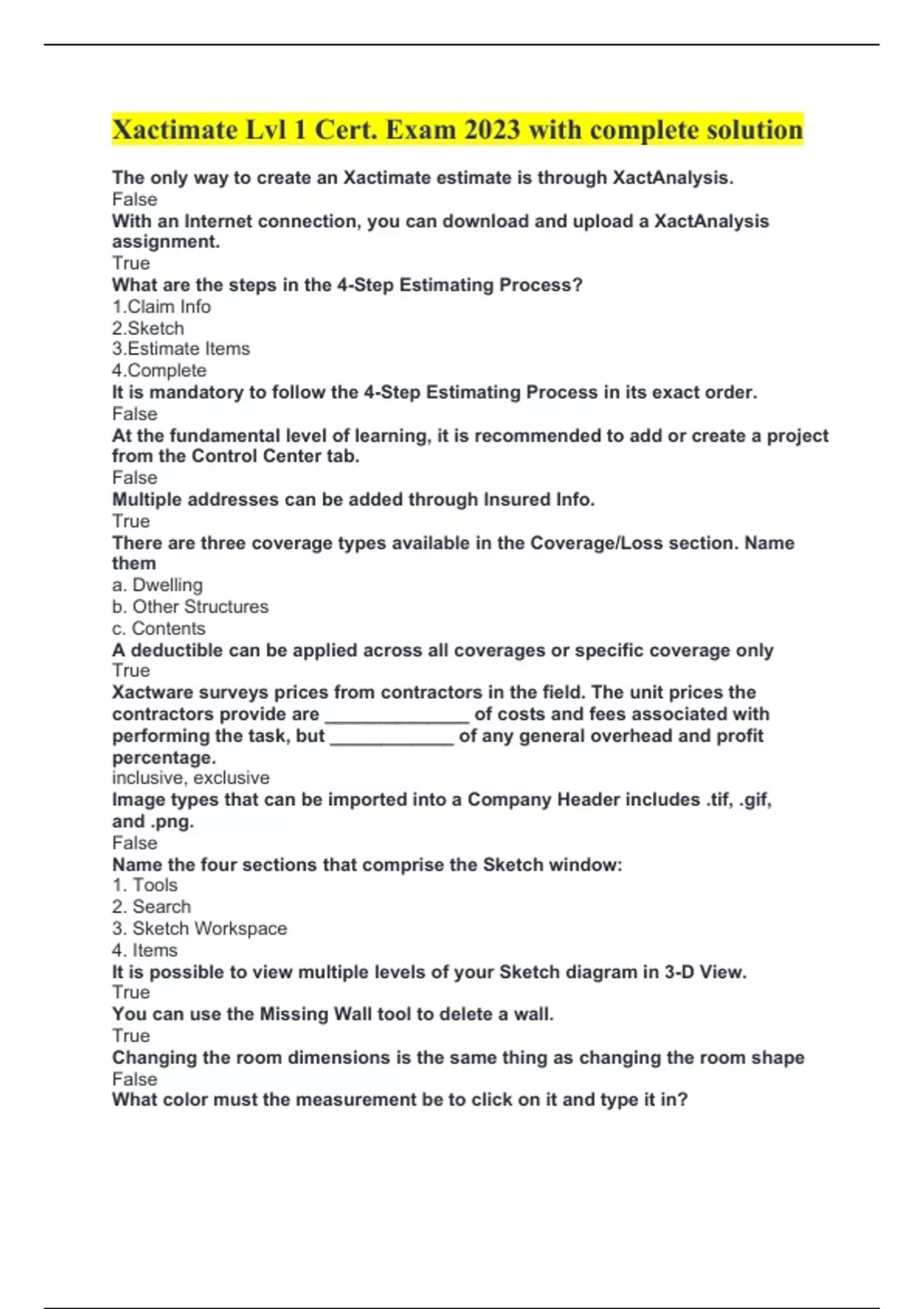 Xactimate Lvl 1 Cert. Exam 2023 with complete solution - Xactimate Lvl ...
