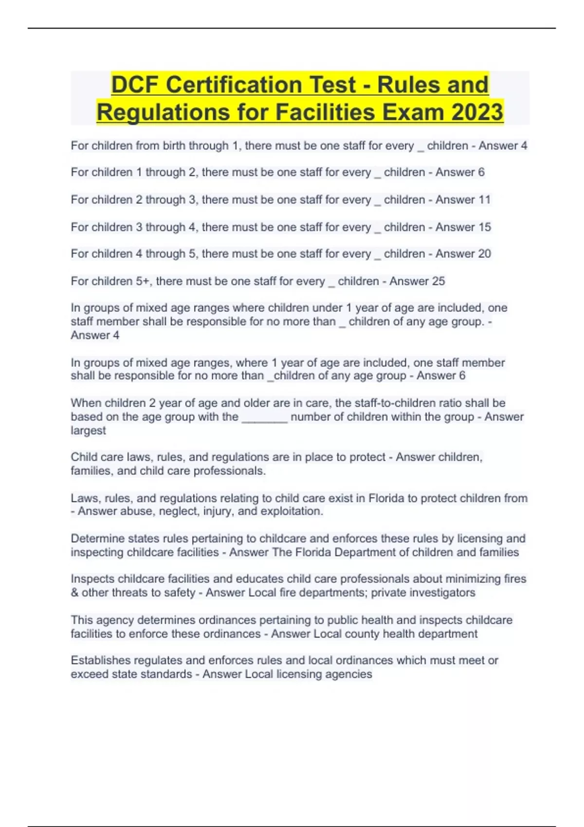 DCF Certification Test - Rules and Regulations for Facilities Questions ...